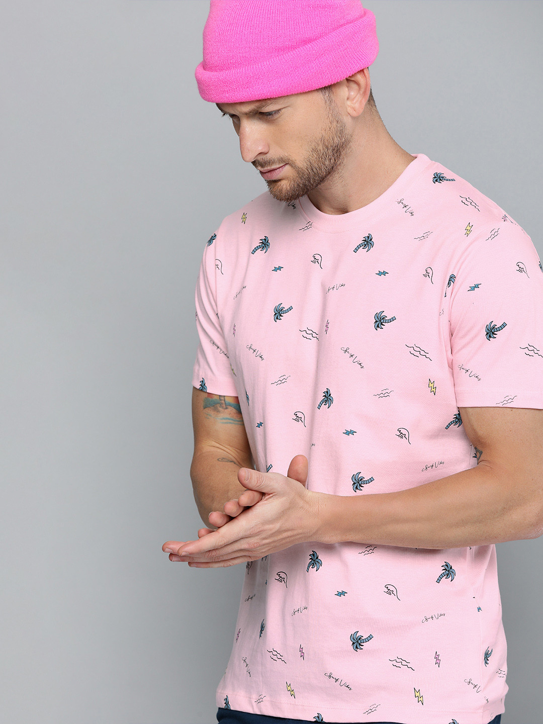 Buy Kook N Keech Men Pink Black Printed Round Neck Pure Cotton Relaxed ...
