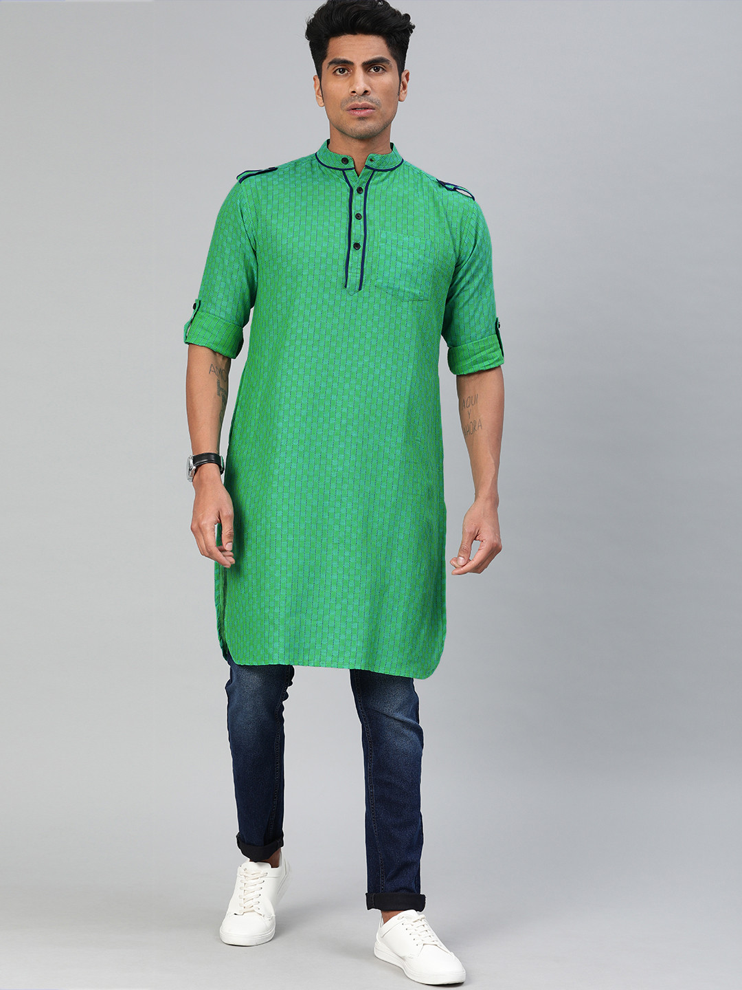 Buy Svanik Men Green Woven Design Straight Kurta - Kurtas for Men ...