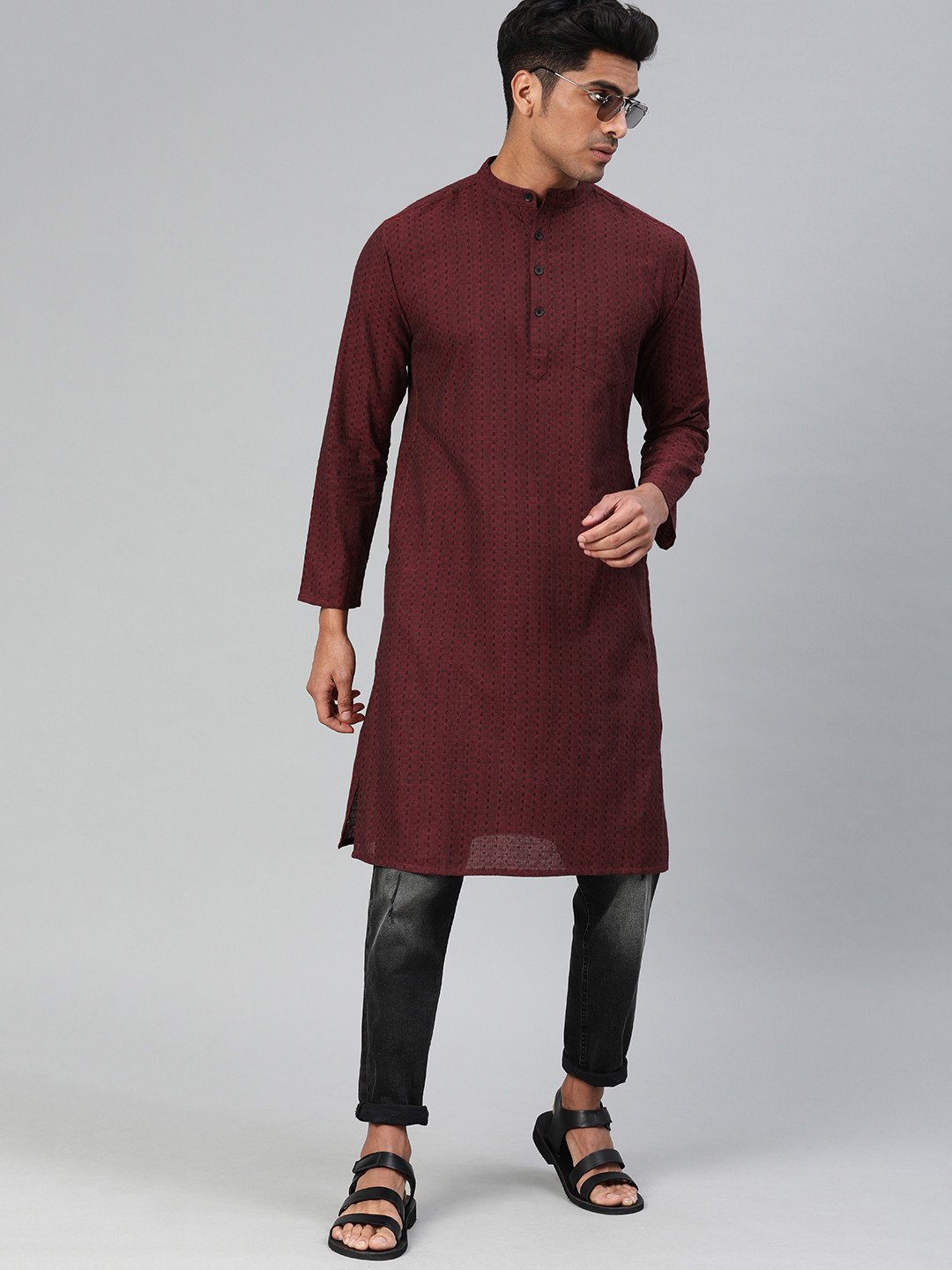 Buy Svanik Men Maroon Woven Design Straight Kurta - Kurtas for Men ...