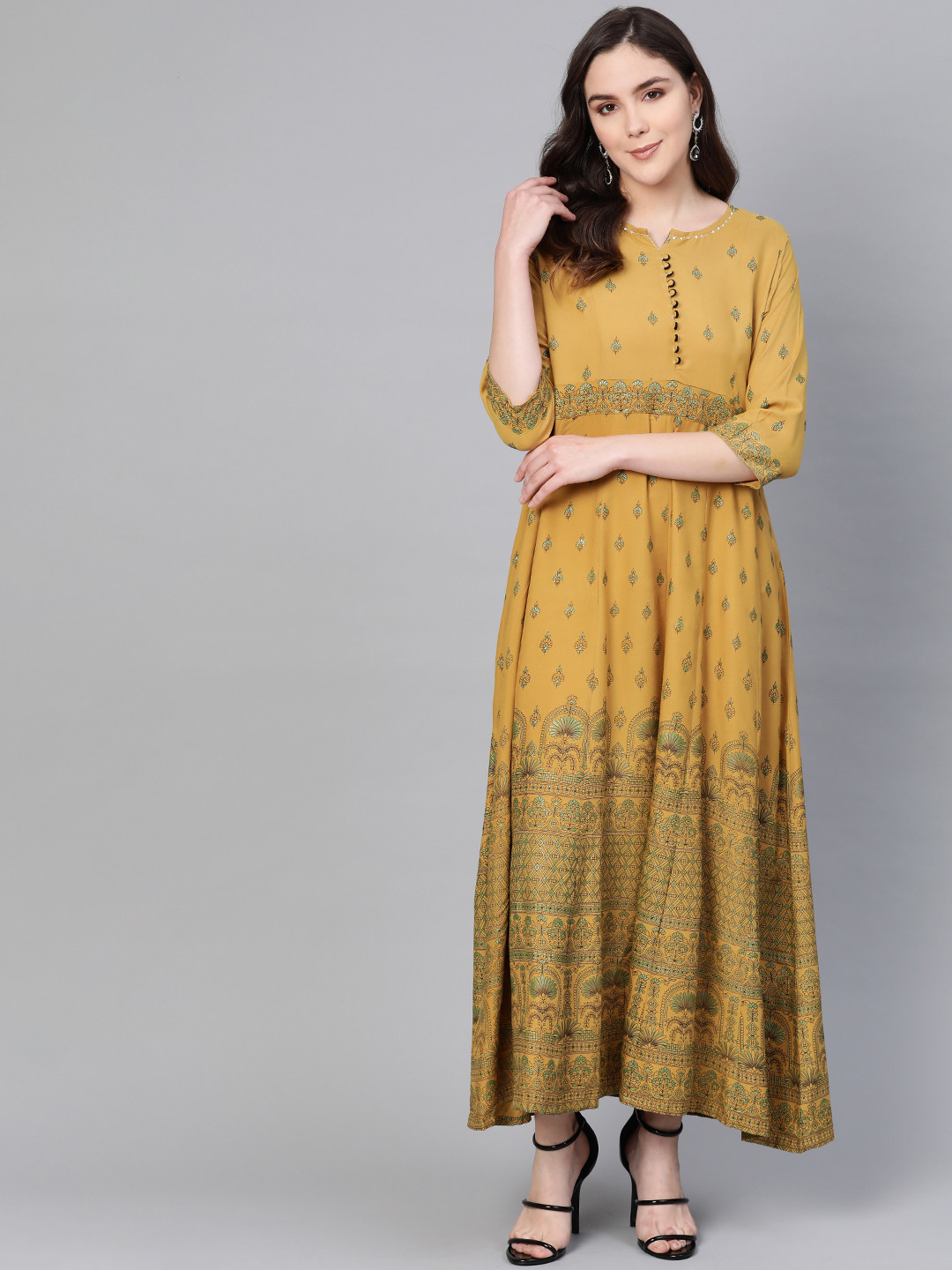 Buy Shree Women Mustard Yellow & Green Floral Printed Maxi Dress ...