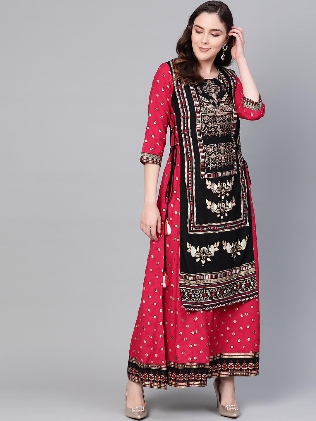 Buy Shree Women Black & Pink Printed Layered Maxi Dress - Dresses for ...