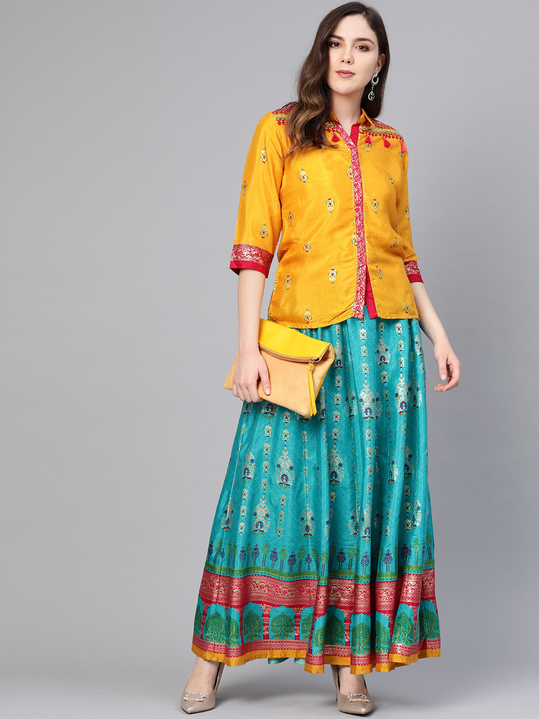 Buy Shree Women Mustard Yellow & Blue Printed Top With Skirt - Co Ords ...