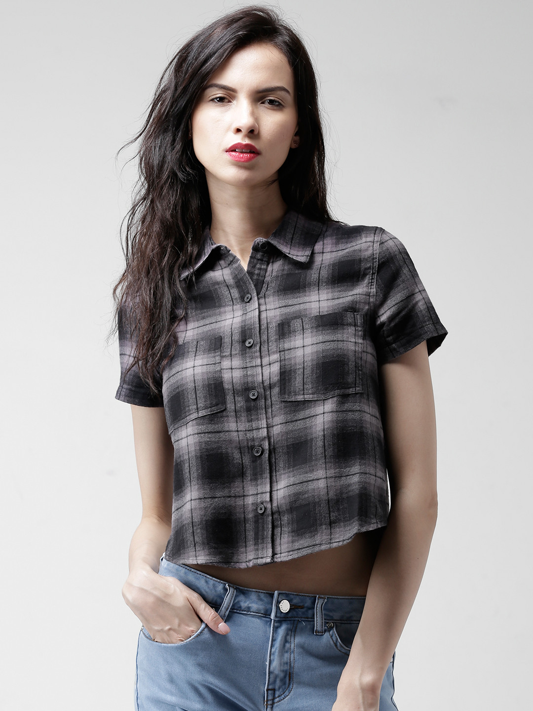 Buy FOREVER 21 Black & Grey Checked Cropped Shirt - Shirts for Women ...