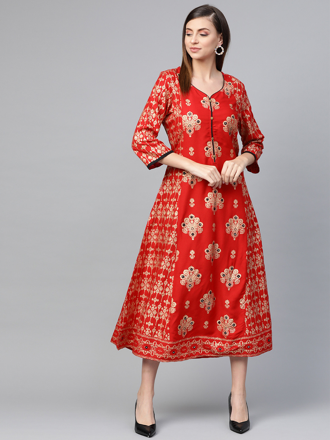 Buy Shree Women Red & Golden Printed A Line Dress - Dresses for Women ...