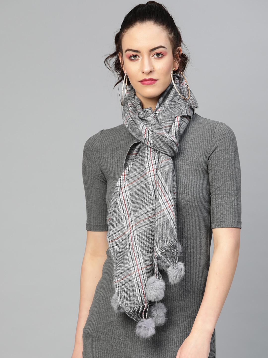Buy SASSAFRAS Women Grey & Black Checked Stole - Stoles for Women ...