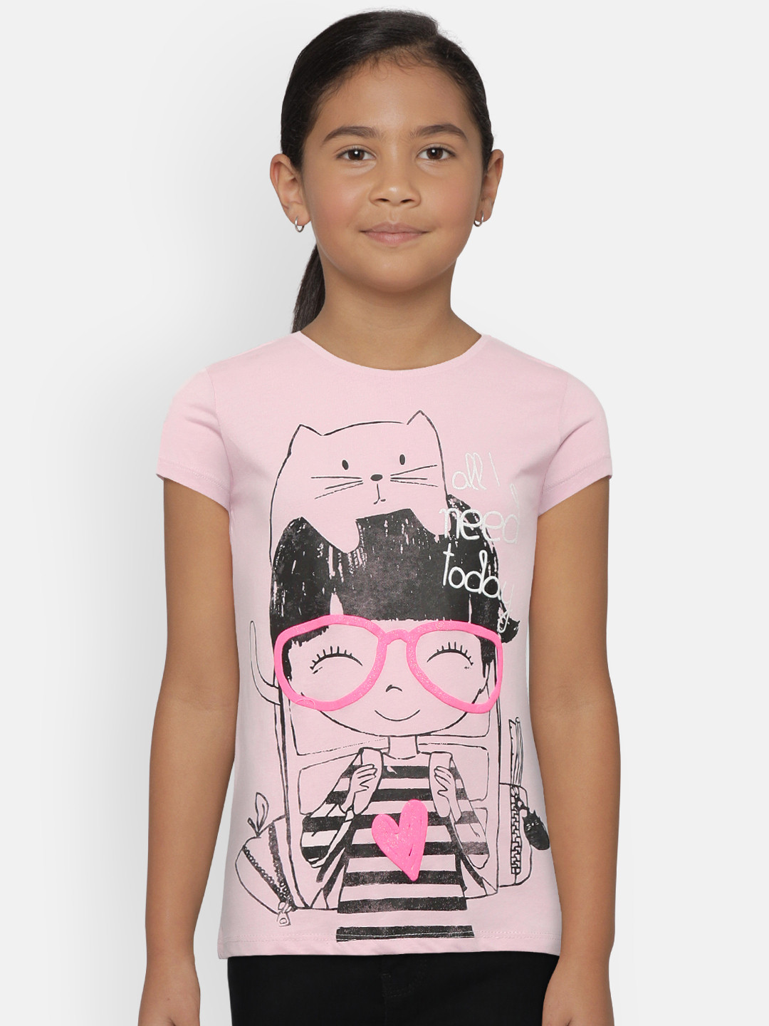 Buy COOL CLUB Girls Pink Black Printed Round Neck Pure Cotton T Shirt ...