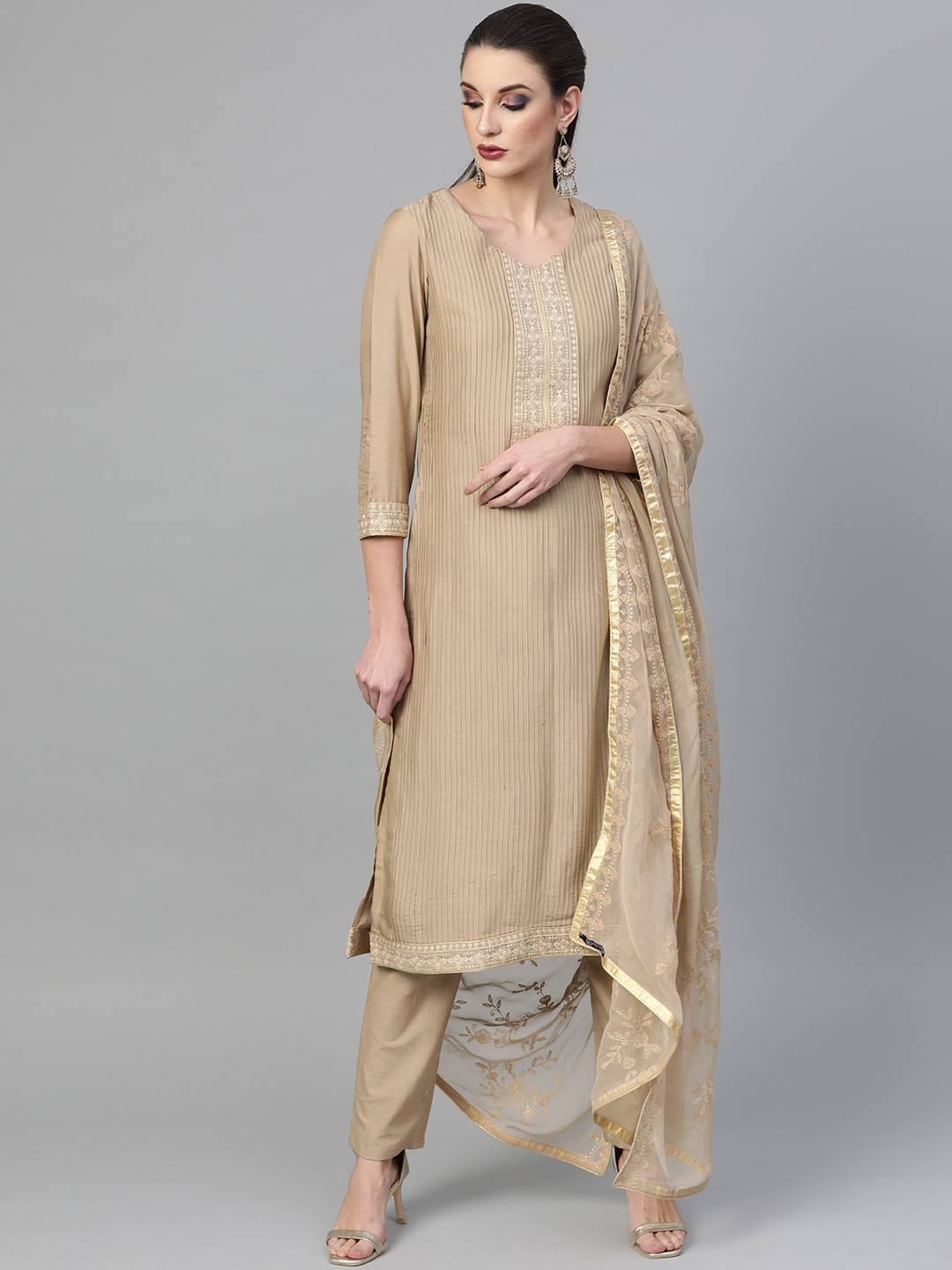 Buy Inddus Women Beige Yoke Design Kurta With Trousers & Dupatta ...