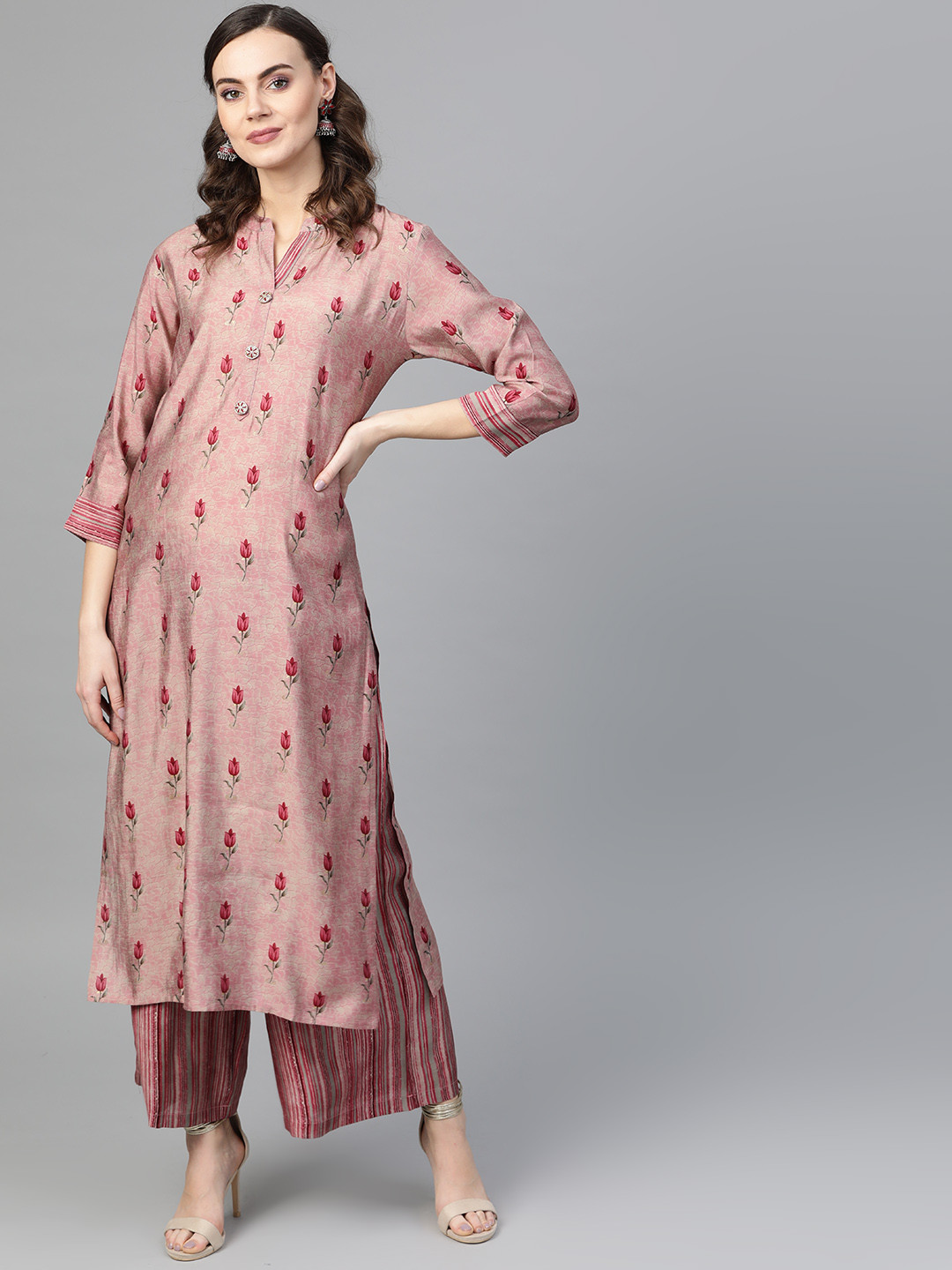 Buy Inddus Women Pink & Grey Foil Print Kurta With Palazzos - Kurta ...