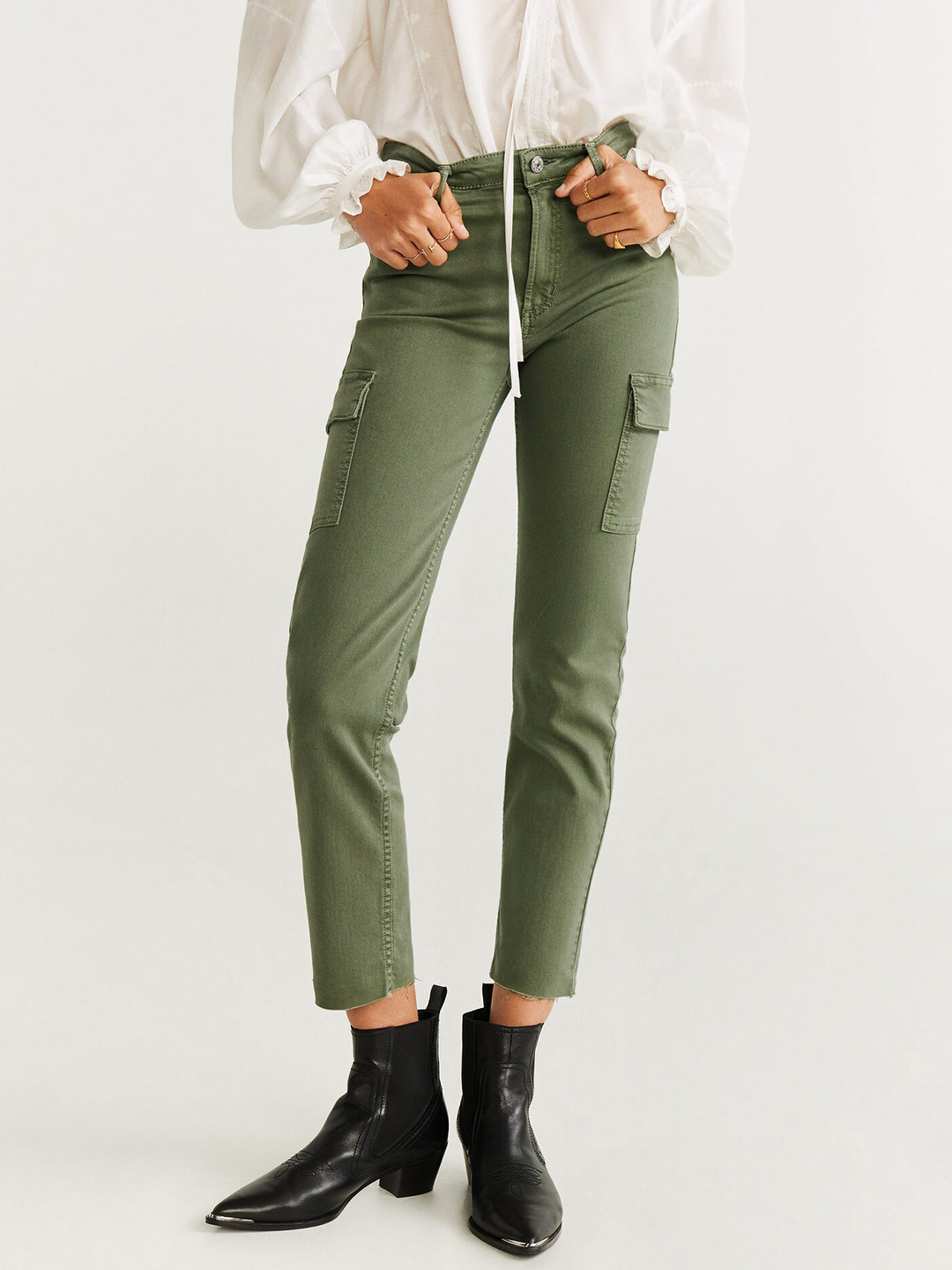 Buy MANGO Women Olive Green Slim Fit Mid Rise Clean Look Stretchable ...
