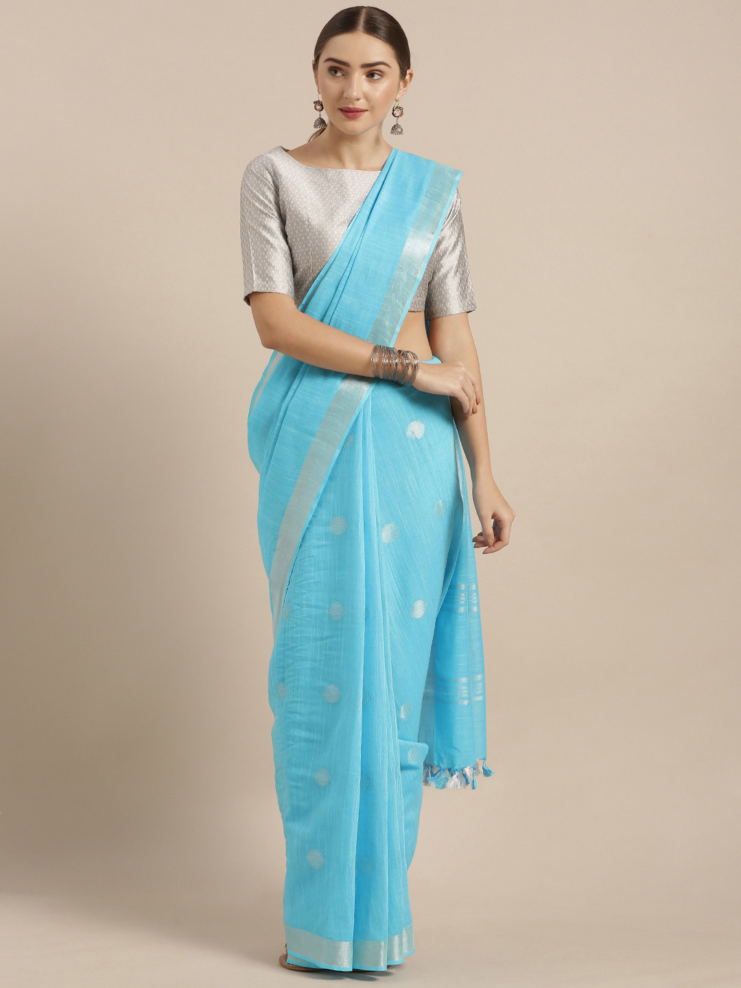 Buy Mirraw Blue Linen Blend Woven Design Handloom Bhagalpuri Saree ...