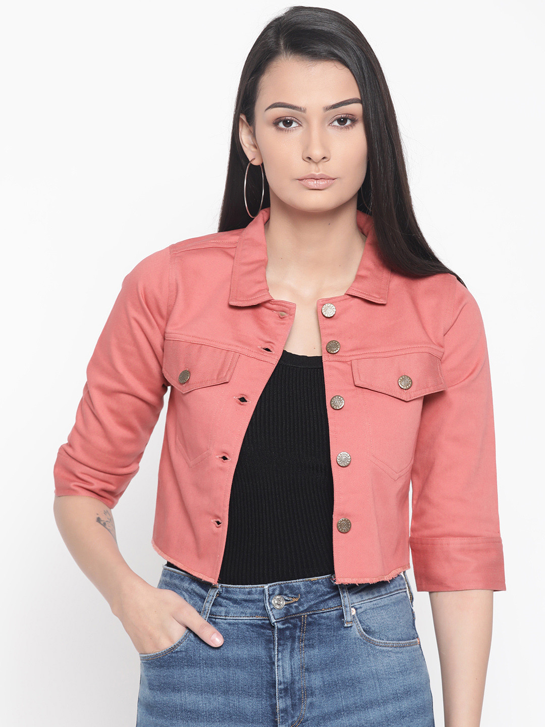 Buy ANTS Women Pink Solid Crop Denim Jacket - Jackets for Women ...