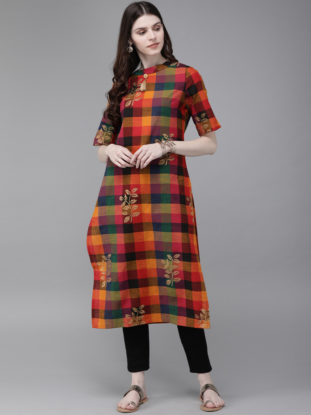 Buy Anouk Women Red & Blue Checked Straight Kurta - Kurtas for Women ...