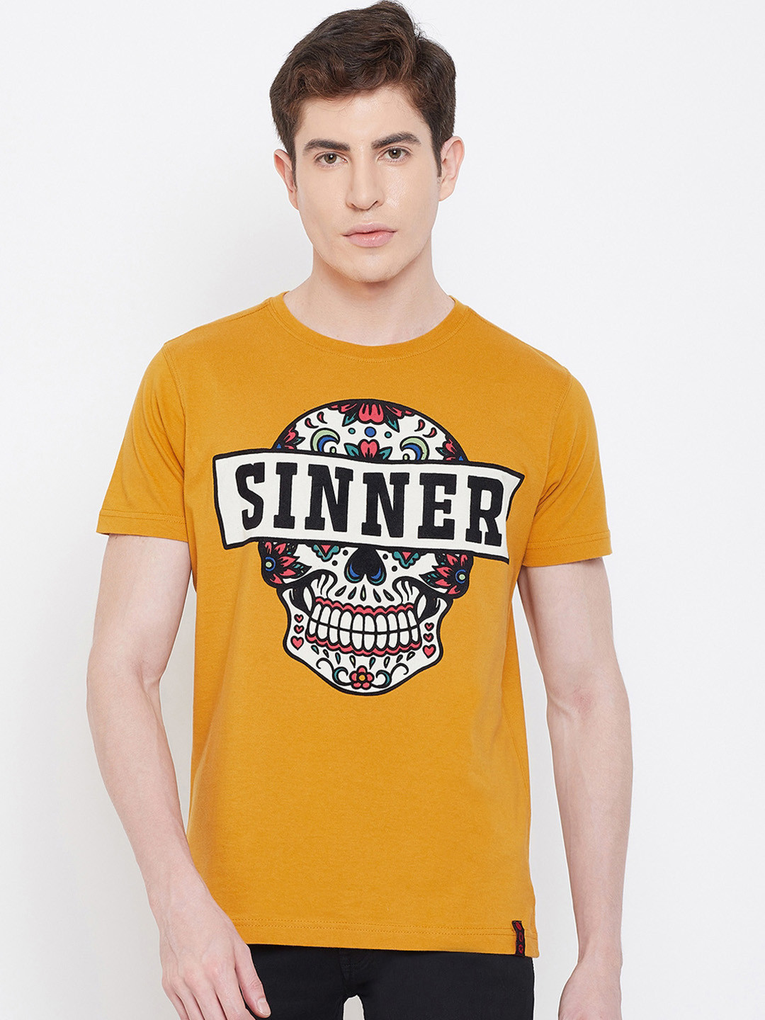 Buy PUNK Men Mustard Yellow & Black Printed Round Neck T Shirt ...