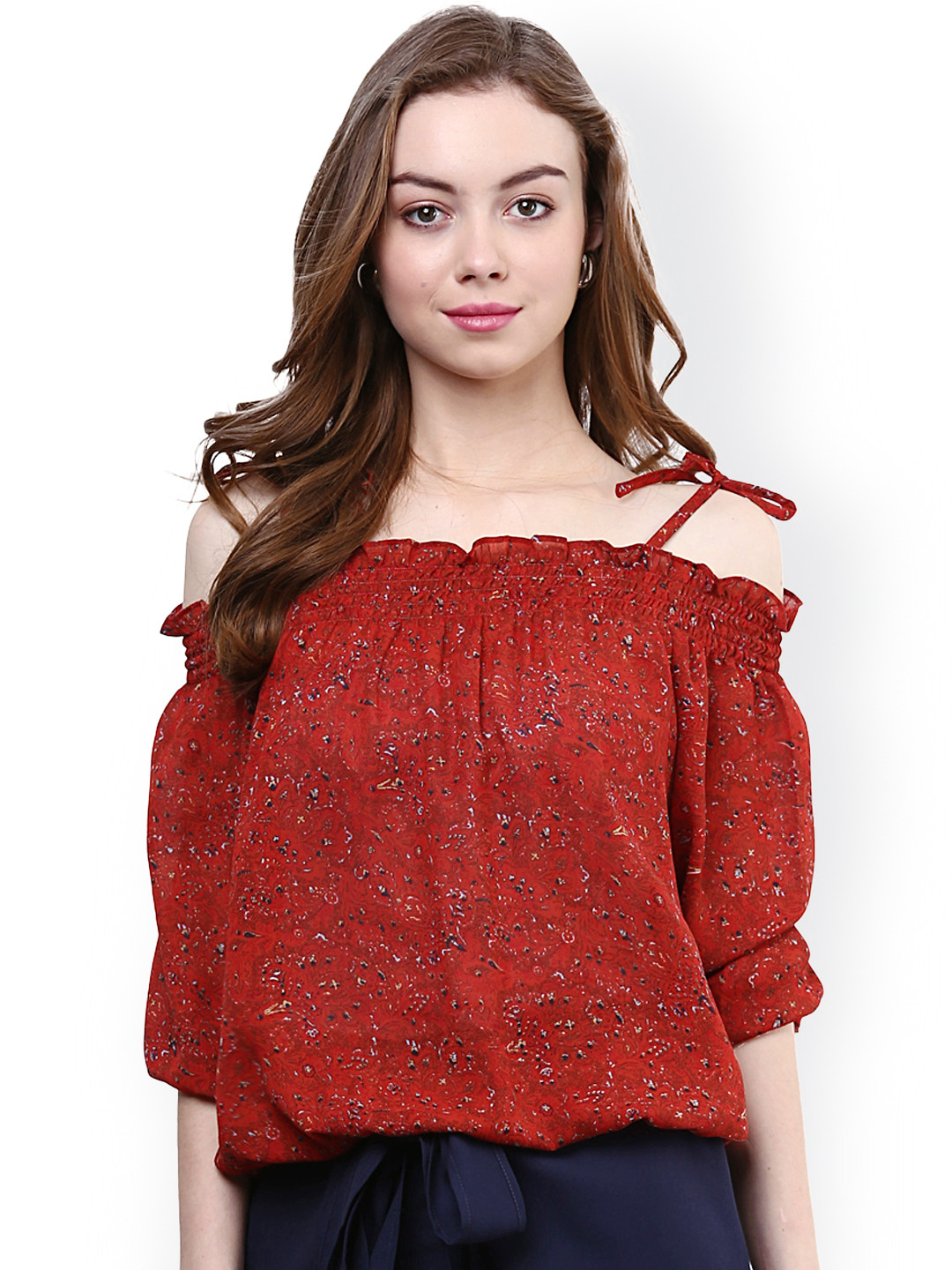 Buy RARE Rust Red Lightweight Printed Off Shoulder Blouson Top With ...