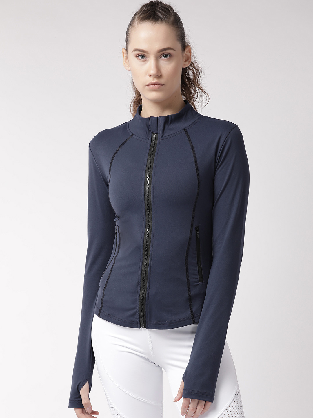Buy Fitkin Women Navy Blue Solid Training Sporty Jacket - Jackets for ...