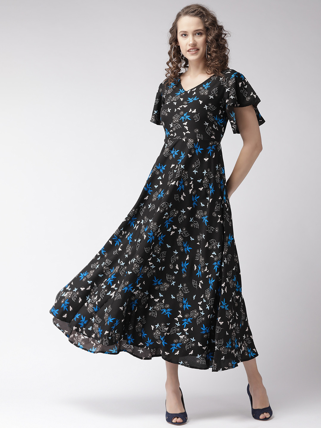 Buy U&F Women Black & Blue Butterfly Printed Maxi Dress - Dresses for ...