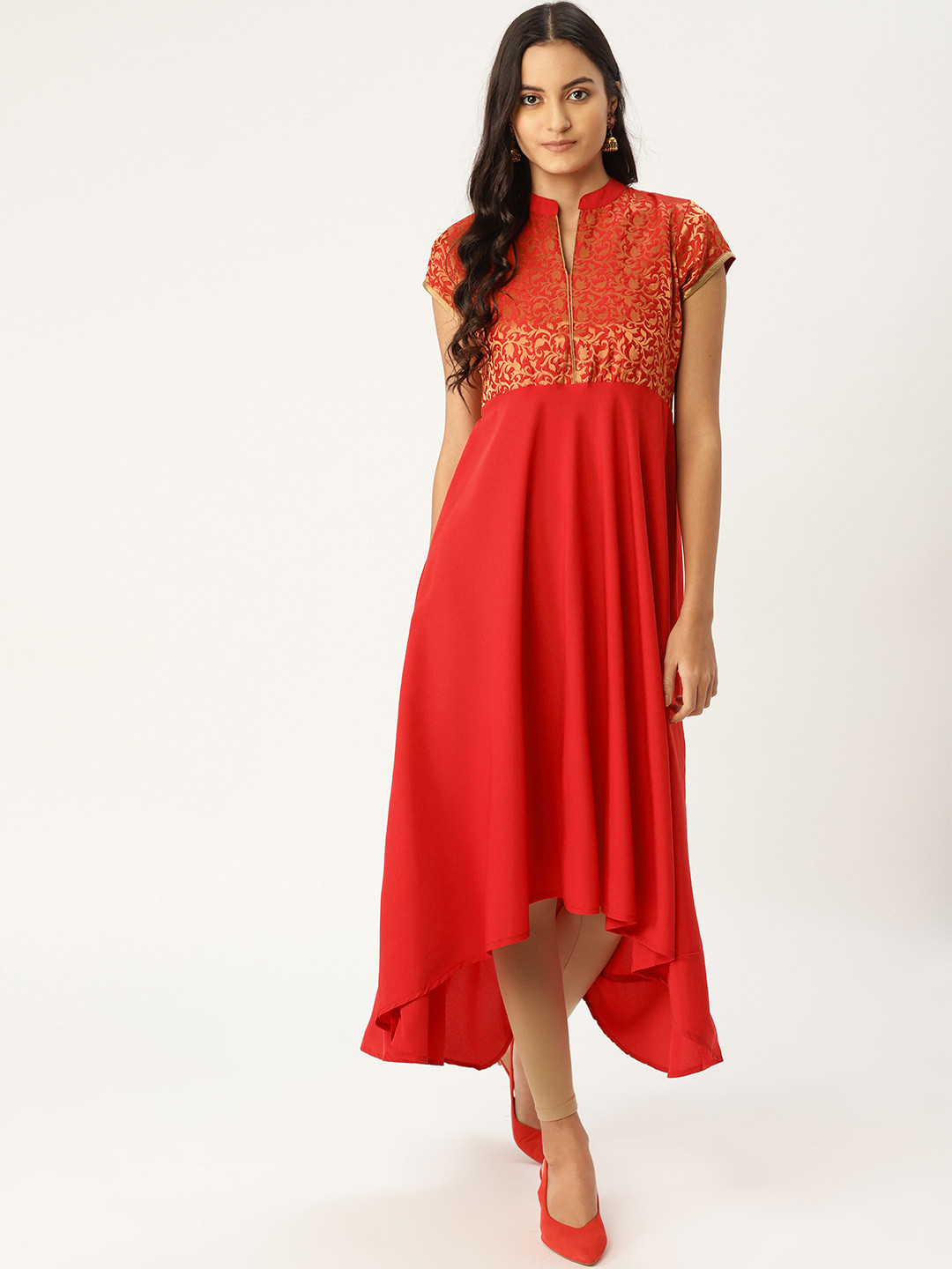 Buy MBE Women Red & Golden Yoke Design Anarkali Kurta - Kurtas for ...