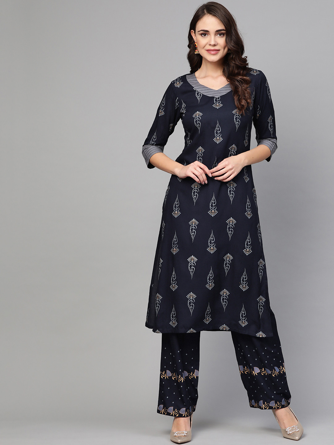 Buy Idalia Women Navy Blue Khari Print Kurta With Palazzos - Kurta Sets ...