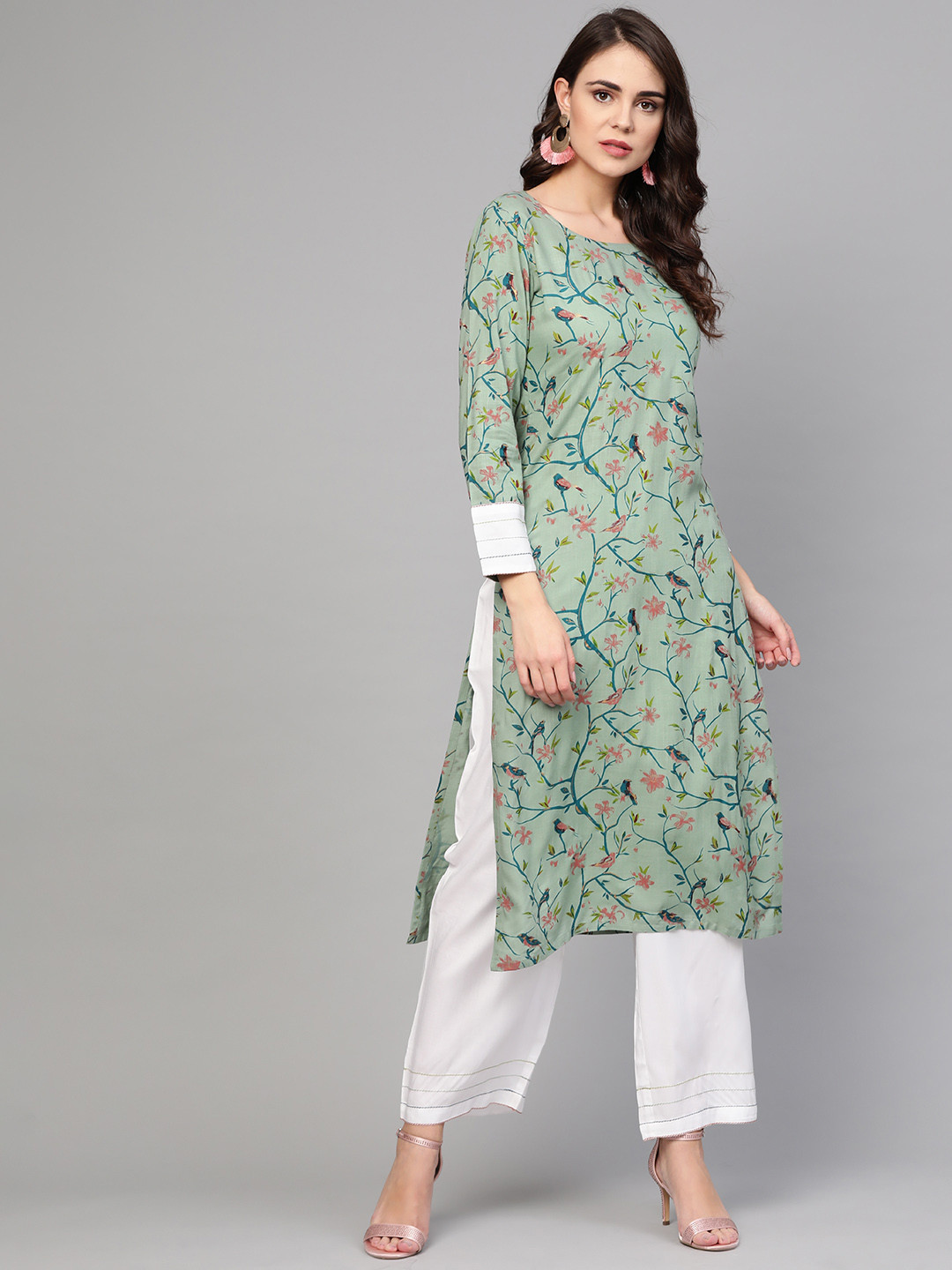Buy Idalia Women Green & White Printed Kurta With Palazzos - Kurta Sets ...