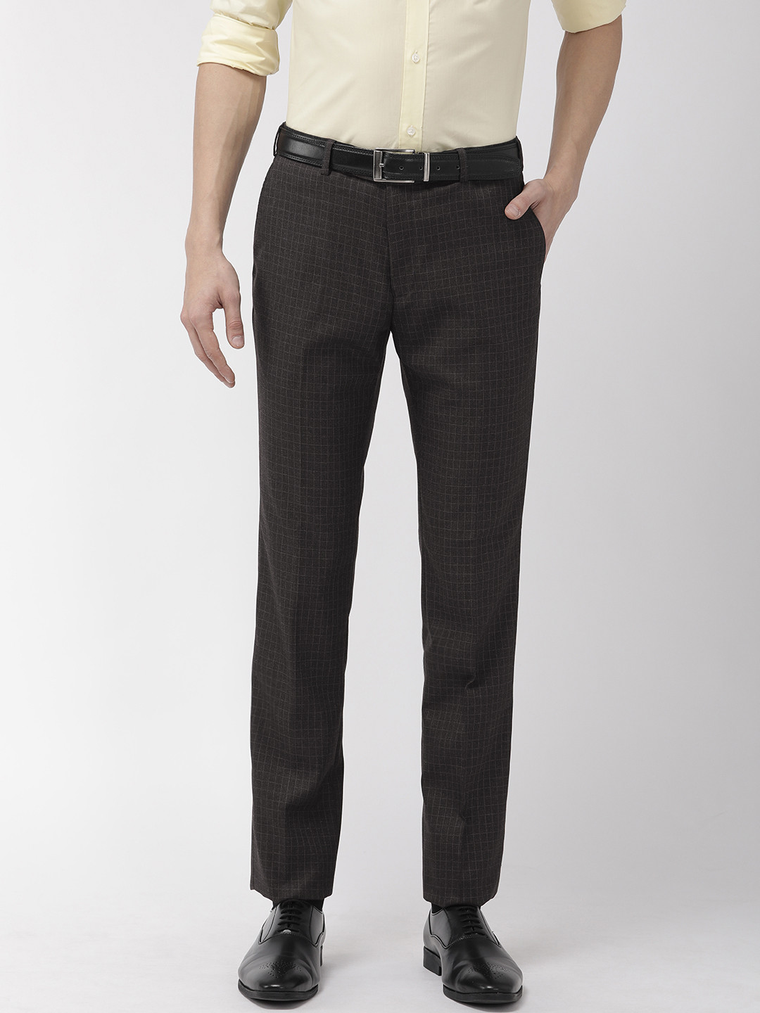 Buy Raymond Men Charcoal Grey Slim Fit Checked Regular Trousers ...