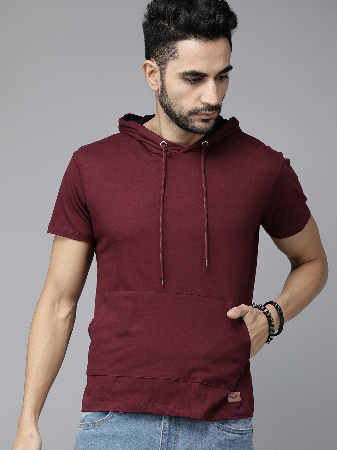 Buy The Roadster Lifestyle Co Men Maroon Hood Cotton Pure Cotton T ...