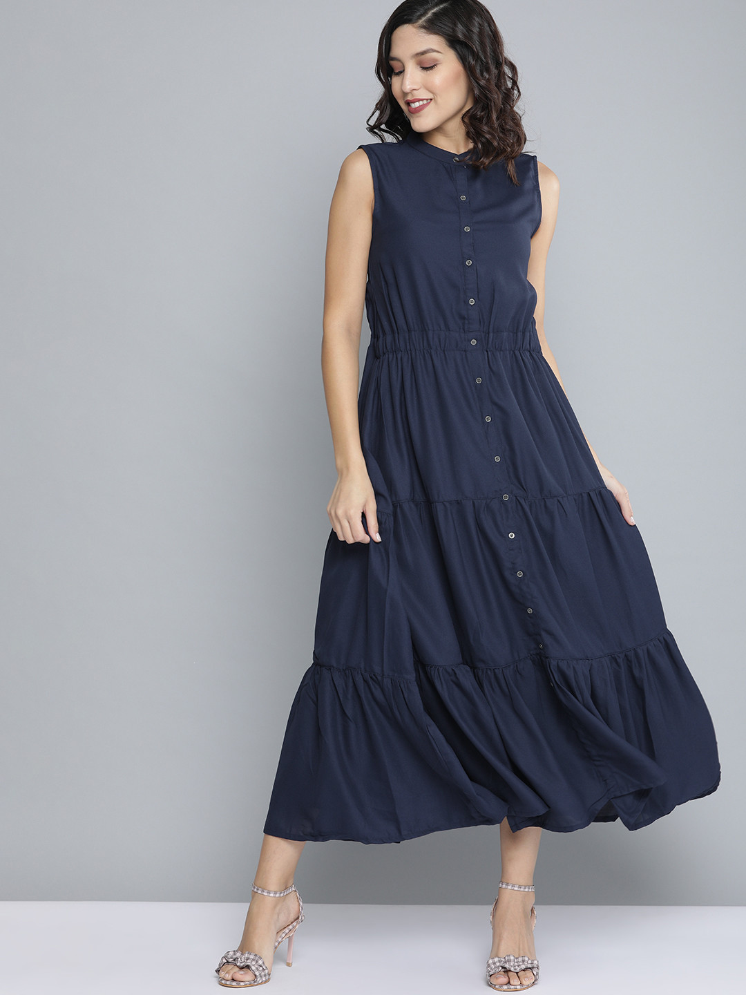 Buy HERE&NOW Women Navy Blue Solid Tiered Maxi Dress - Dresses for ...