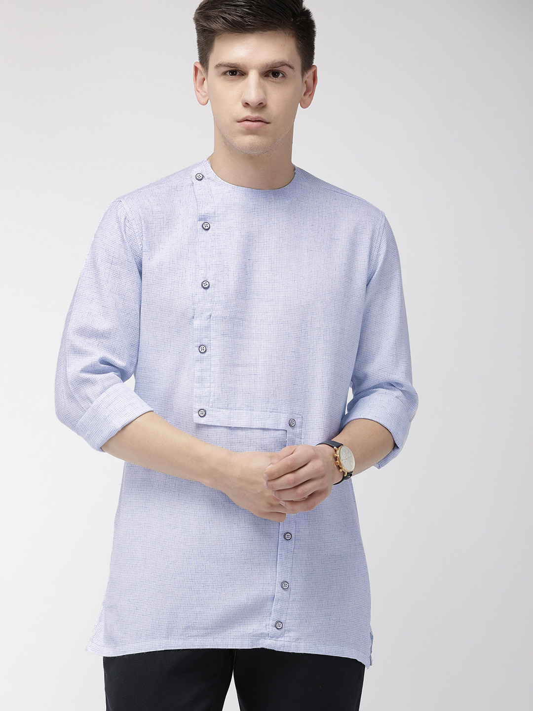 Buy The Indian Garage Co Men Blue & White Checked Straight Kurta ...