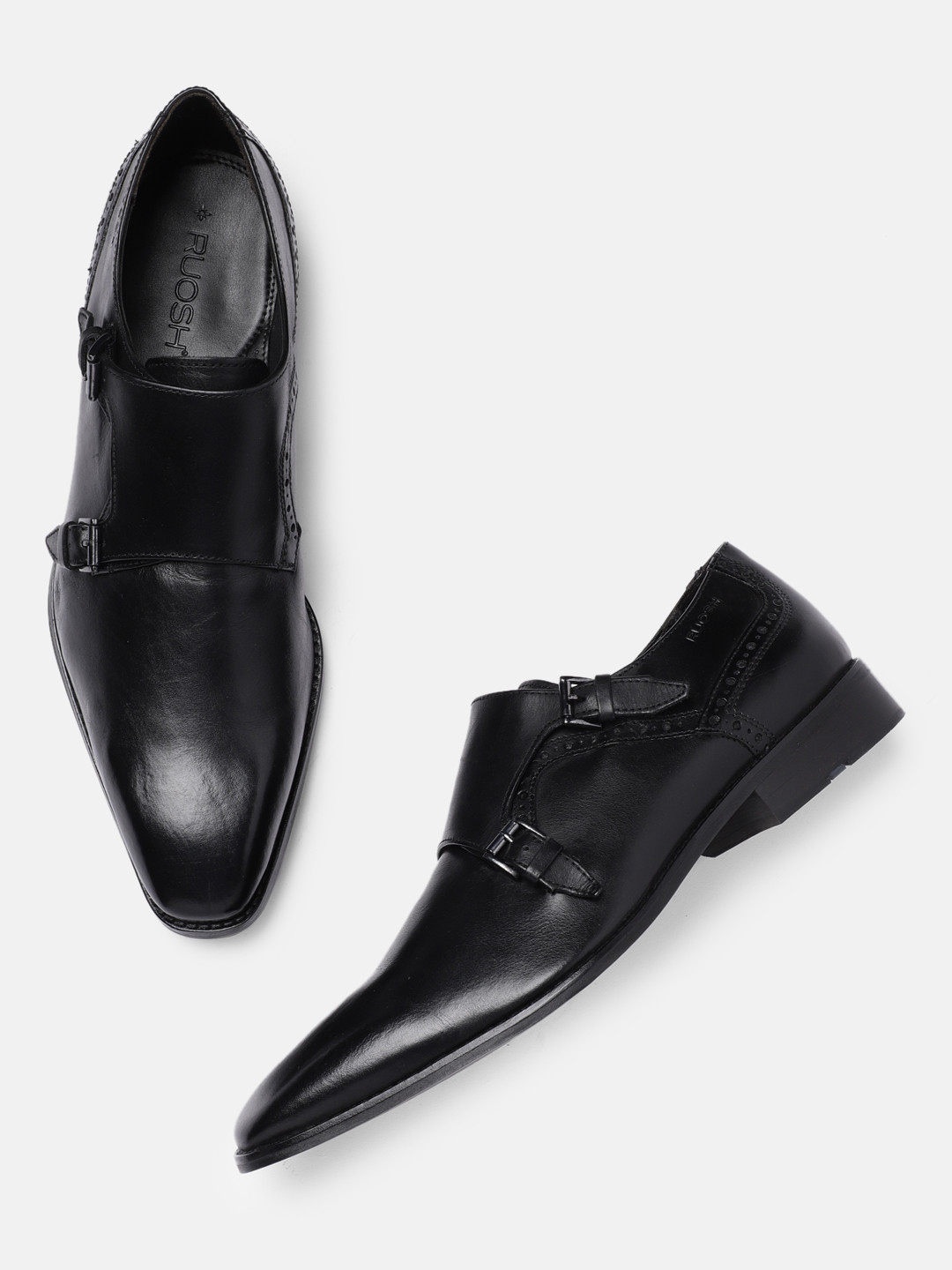 Buy Ruosh Men Black Solid Leather Slip On King Monk Shoes - Formal ...