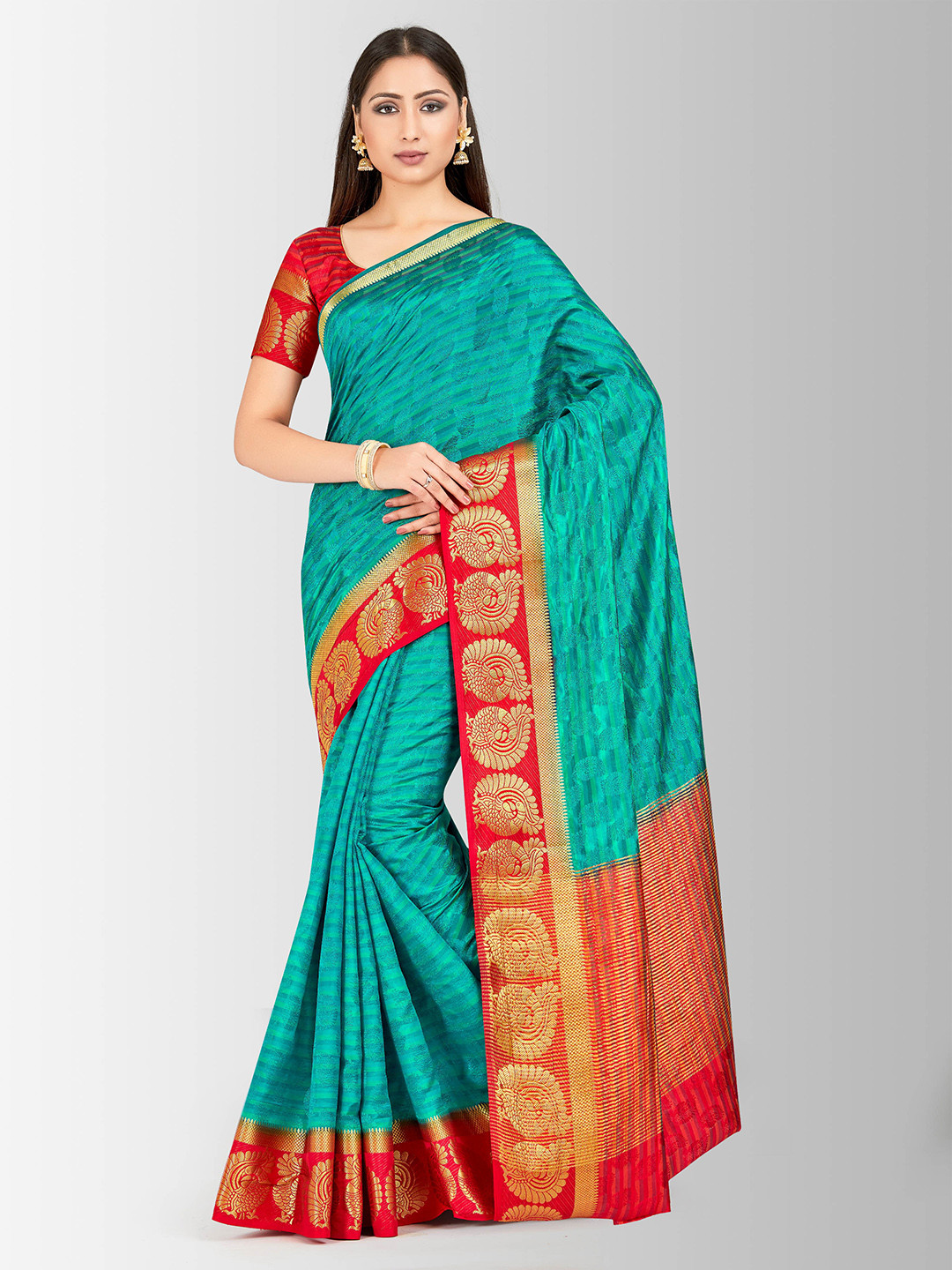 Buy MIMOSA Turquoise Blue & Red Art Silk Woven Design Kanjeevaram Saree ...