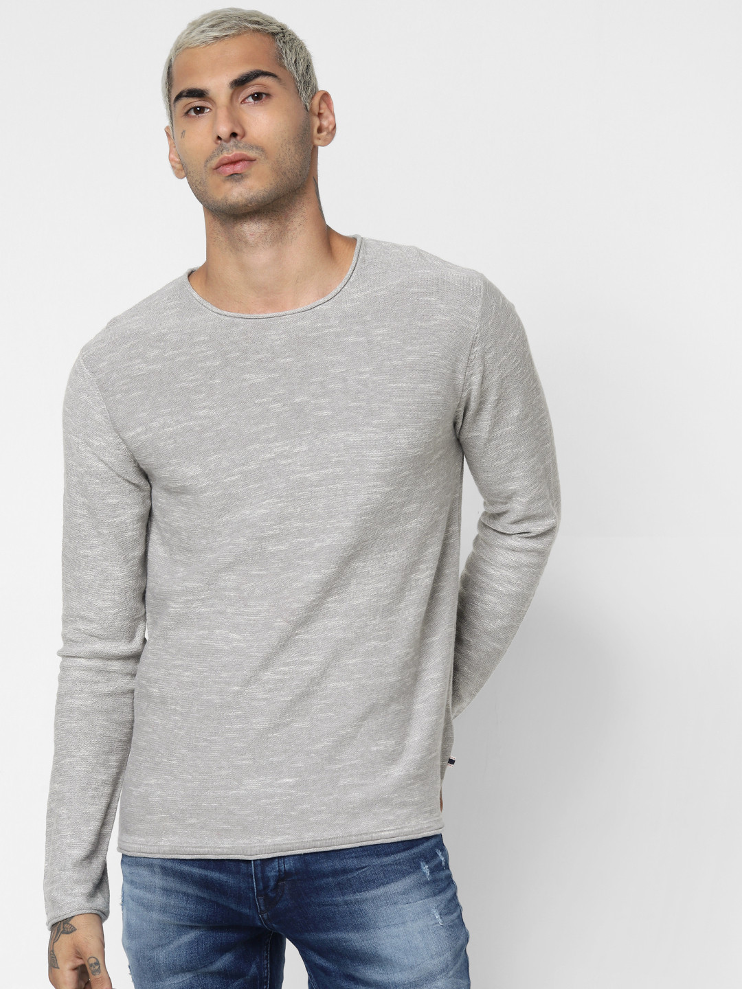 Buy Jack & Jones Men Grey Melange Solid Pullover Sweater - Sweaters for ...