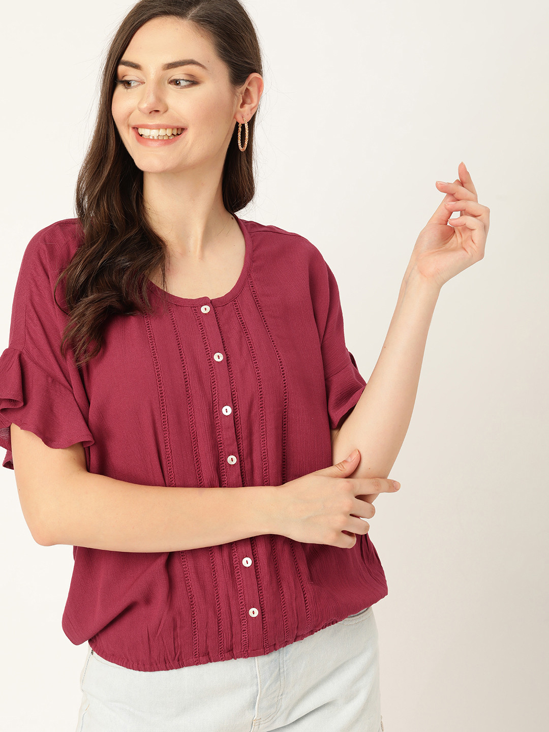 Buy DressBerry Women Burgundy Solid Blouson Top - Tops for Women ...
