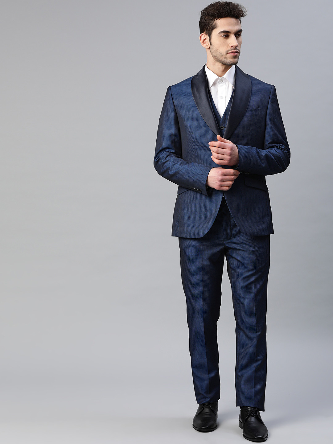 Buy Blackberrys Men Navy Blue Self Design Slim Fit Single Breasted ...