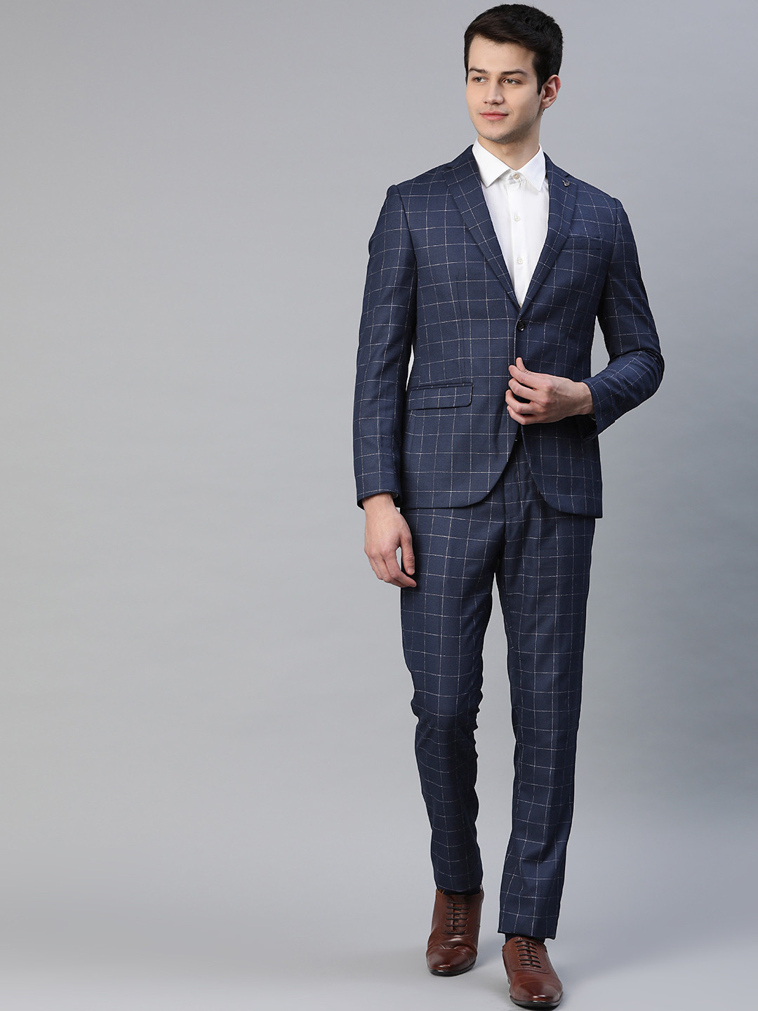 Buy Blackberrys Men Navy Blue Checked Single Breasted Slim Fit Formal ...