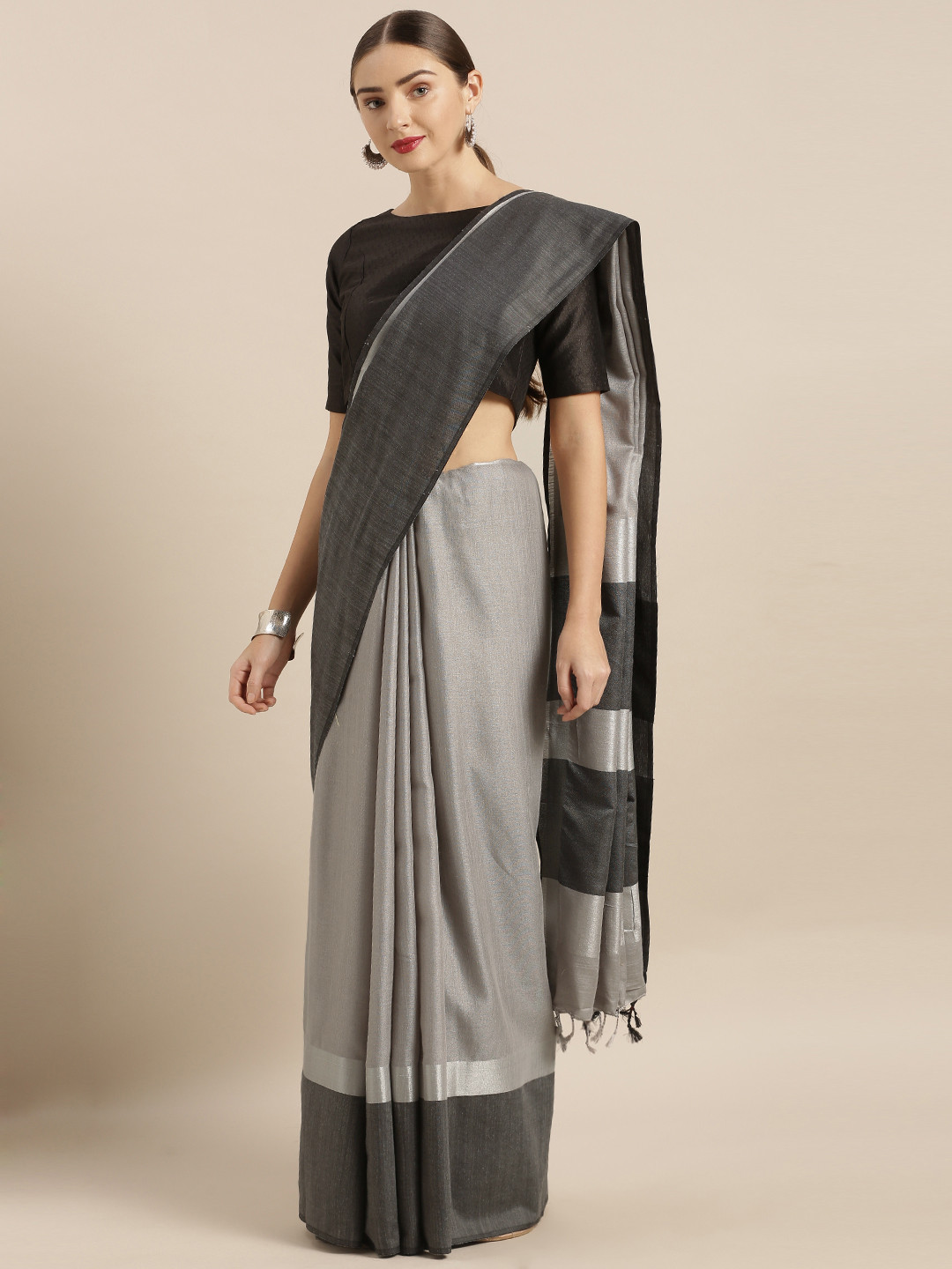 Buy VASTRANAND Grey & Black Linen Blend Solid Saree - Sarees for Women ...