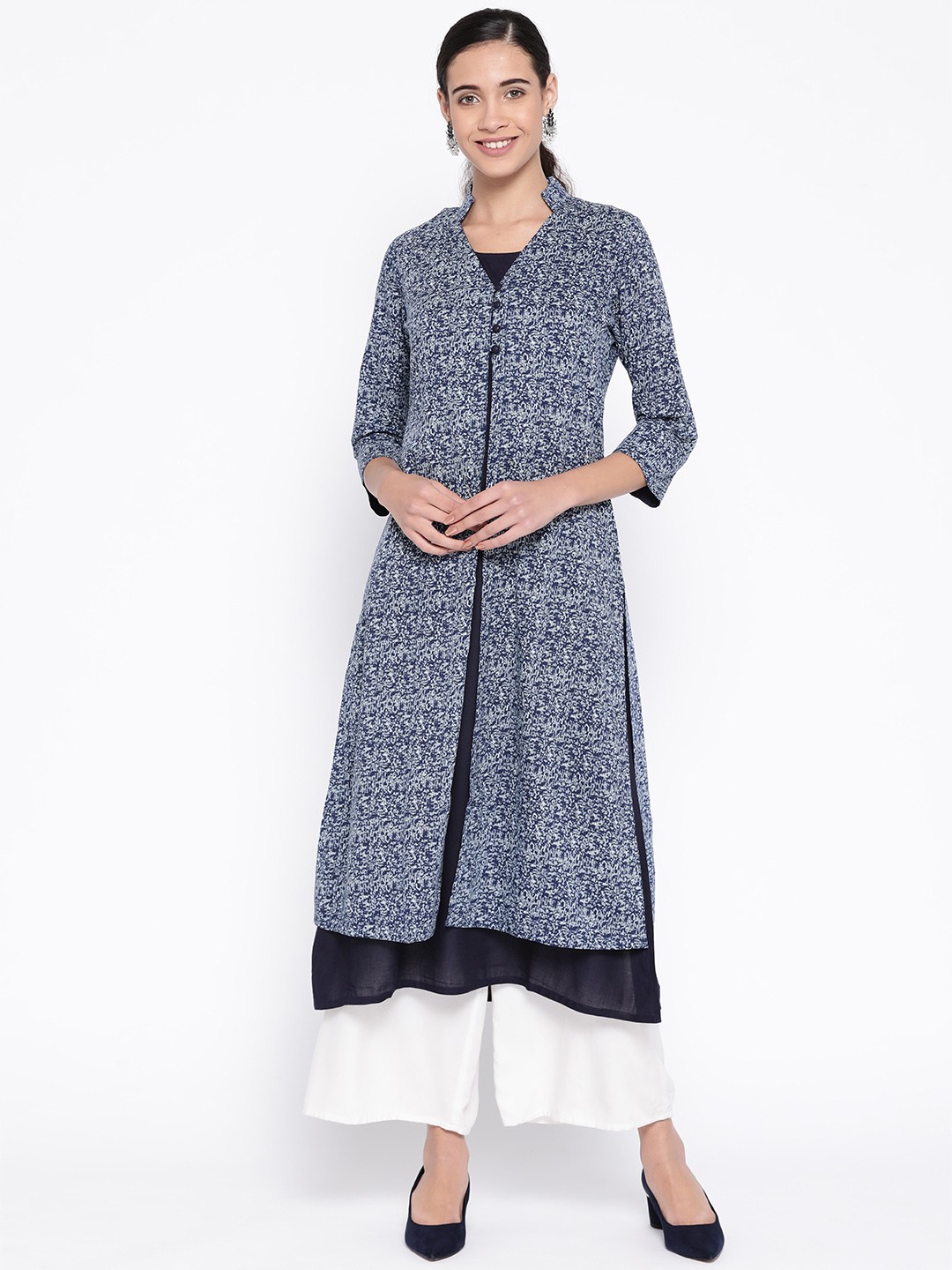 Buy Amirah S Women Navy Blue And White Printed Straight Kurta With Ethnic