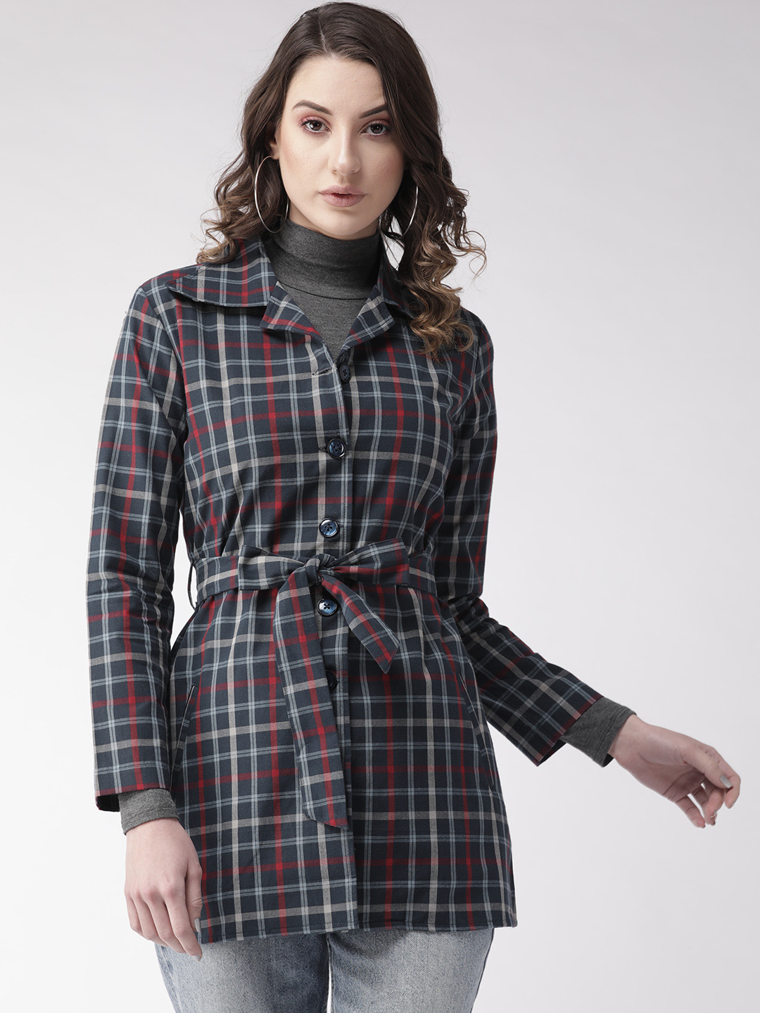 Buy Style Quotient Women Navy Blue Checked Tailored Jacket - Jackets ...