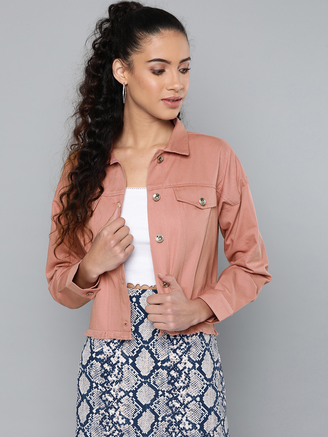 Buy STREET 9 Women Dusty Pink Solid Denim Jacket - Jackets for Women ...