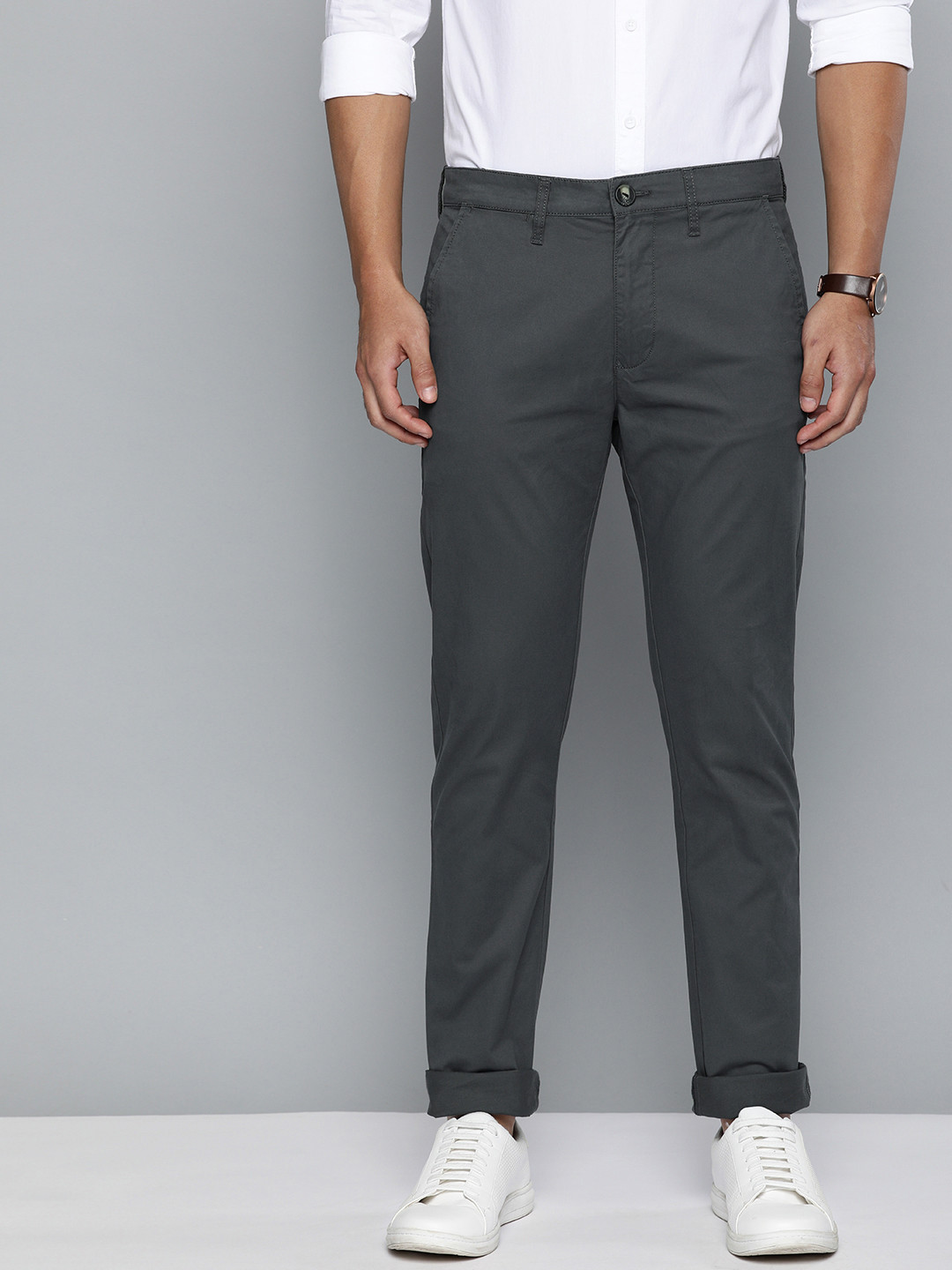 Buy Wrangler Men Charcoal Grey Slim Fit Solid Chinos - Trousers for Men ...