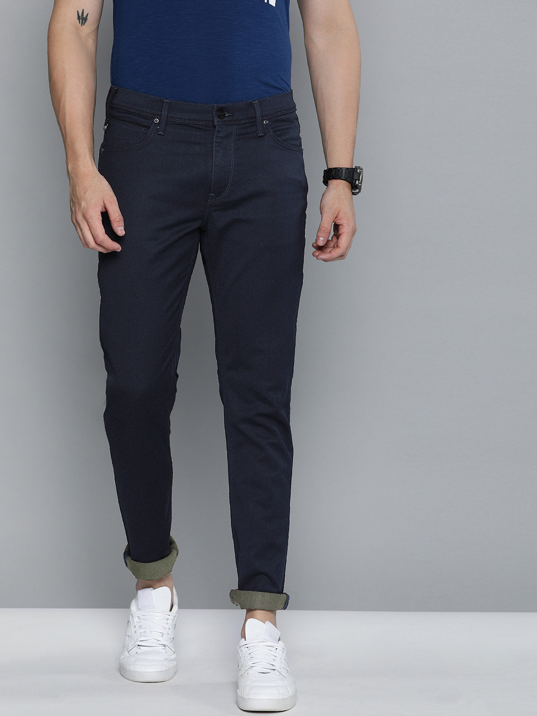 Buy Lee Men Navy Blue Bruce Skinny Fit Mid Rise Clean Look Stretchable ...