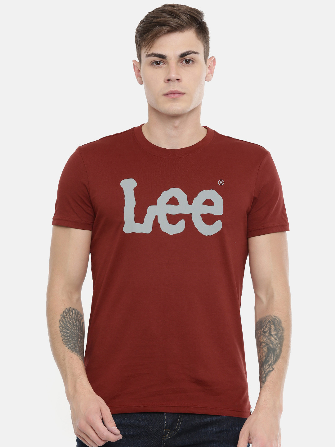 Buy Lee Men Maroon Grey Printed Round Neck Pure Cotton T Shirt ...