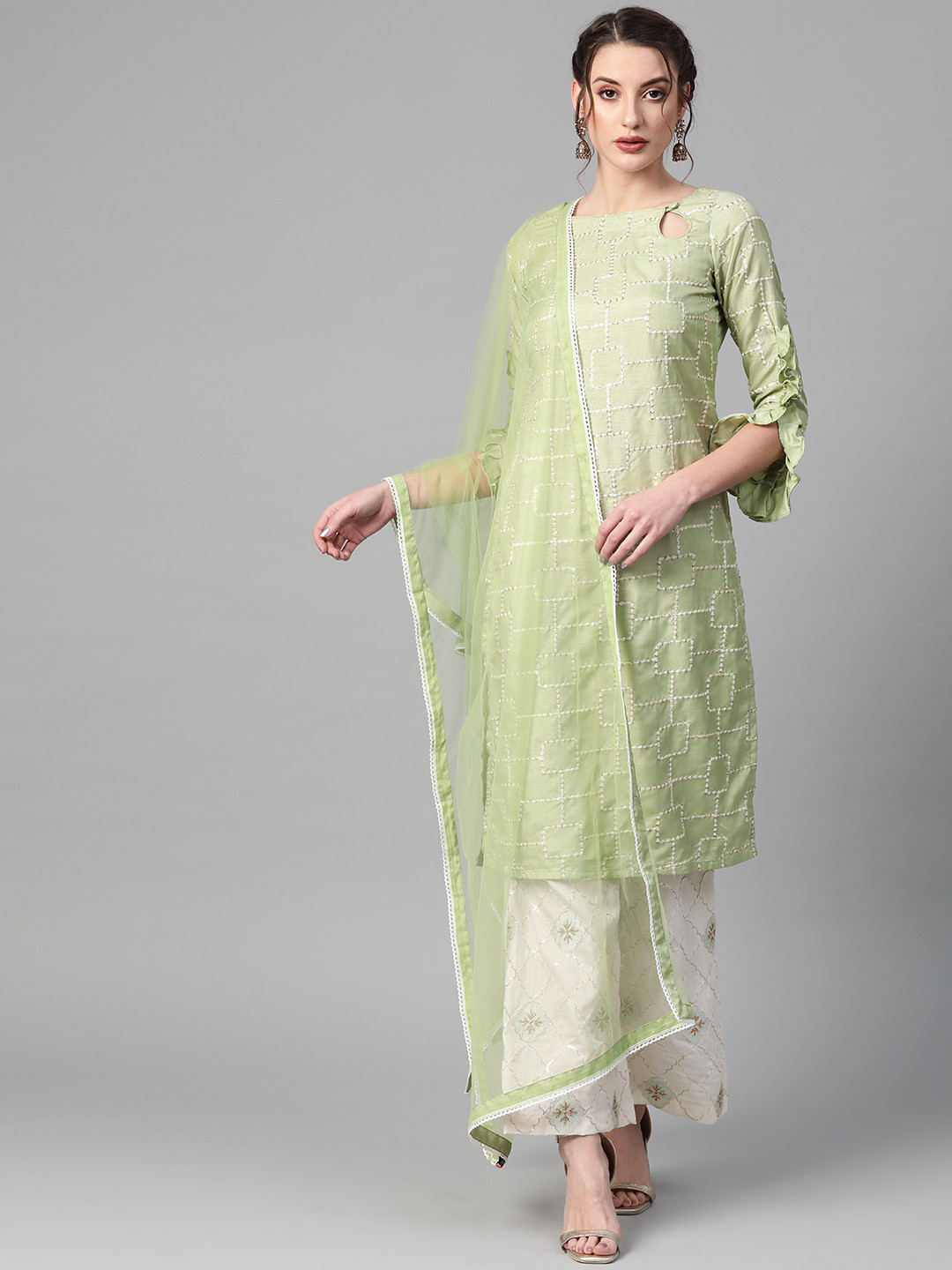 Buy Inddus Women Green & White Embroidered Kurta With Palazzos ...