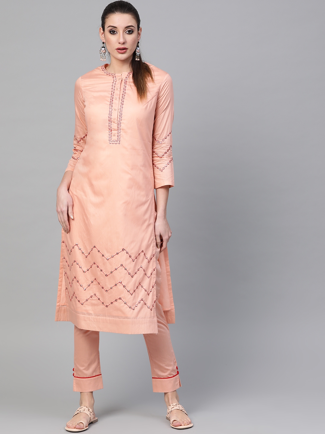 Buy Inddus Women Peach Coloured & Golden Yoke Design Kurta With ... Buy Inddus Women Peach Coloured & Golden Yoke Design Kurta With ...