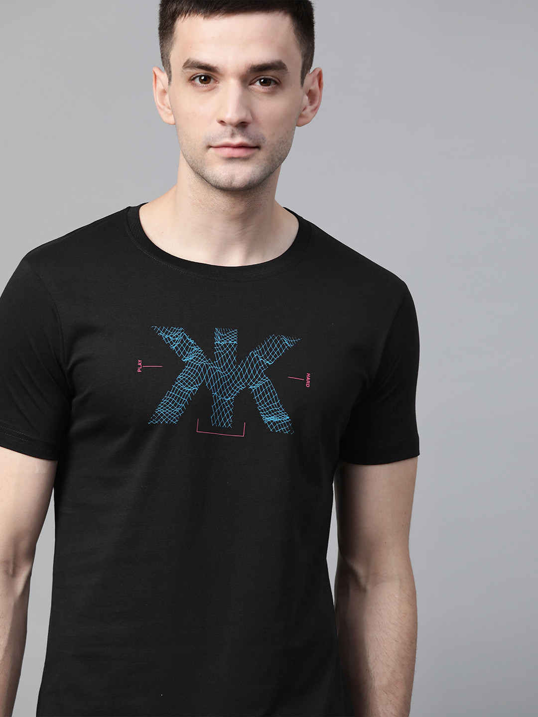 Buy Kook N Keech Men Black Blue Brand Logo Printed Round Neck Pure ...