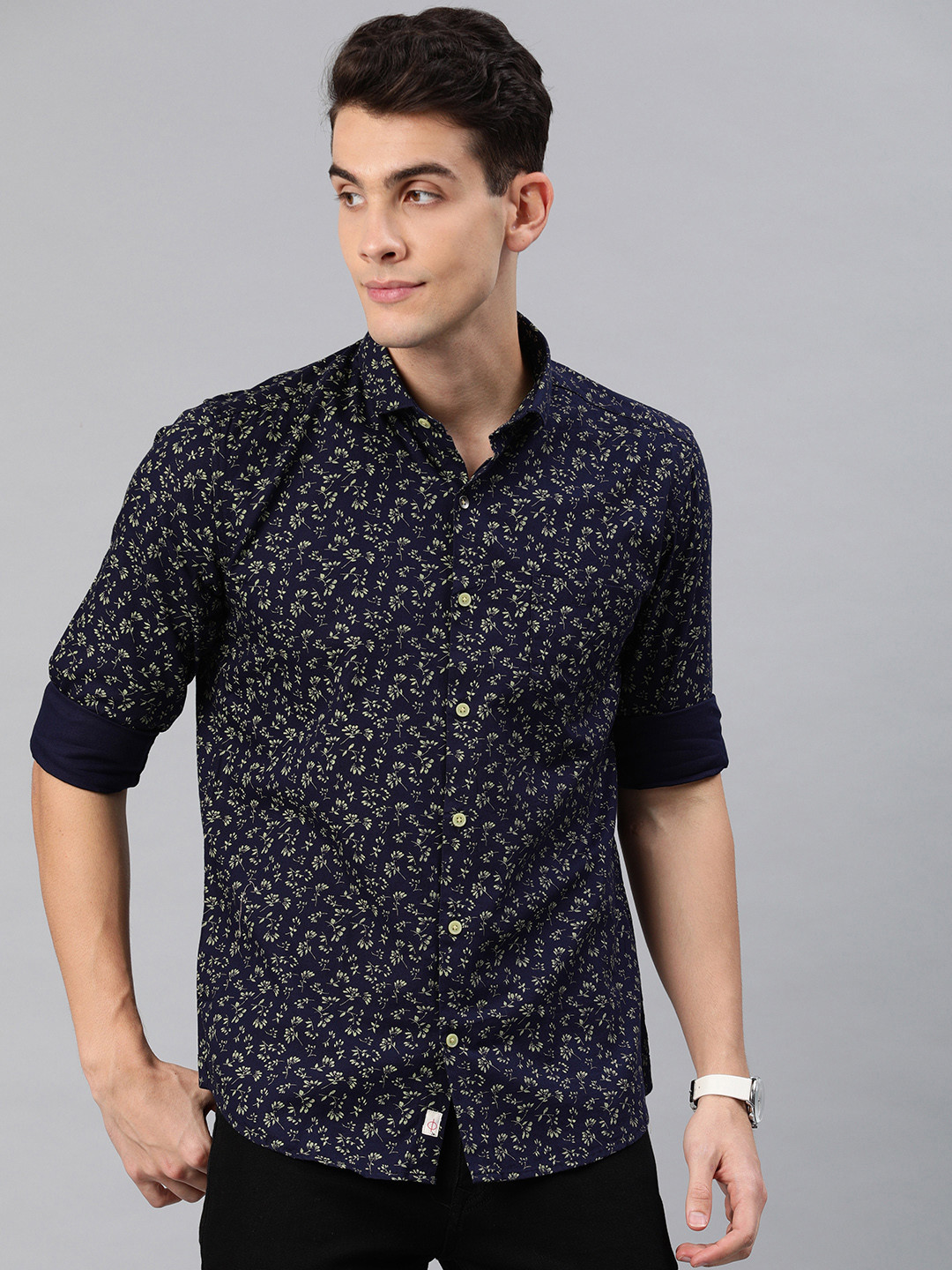 Buy FOGA Men Navy Blue Slim Fit Printed Casual Shirt - Shirts for Men ...