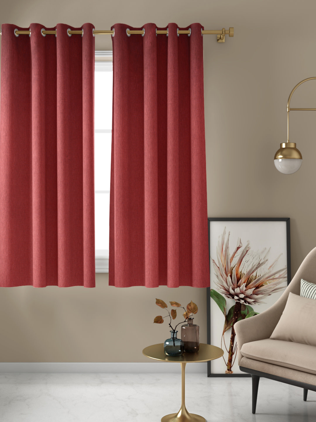 Buy Aura Brick Red Single Jacquard Striped Window Curtain - Curtains ...