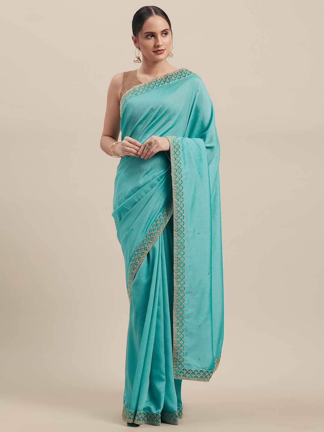 Buy Indian Women Turquoise Blue Embellished Poly Silk Saree - Sarees ...