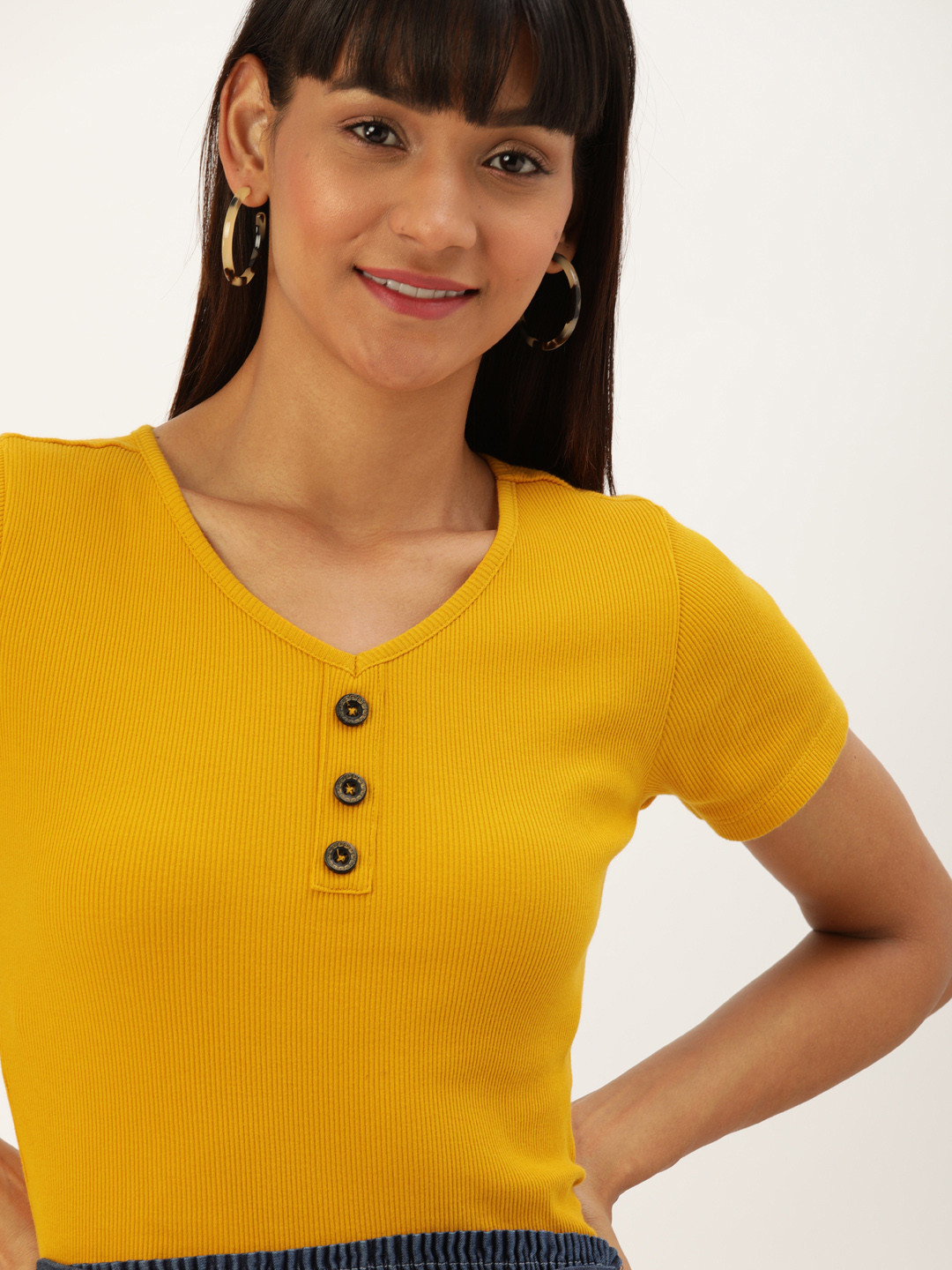 Buy DressBerry Mustard Yellow Fitted Pure Cotton Top - Tops for Women ...