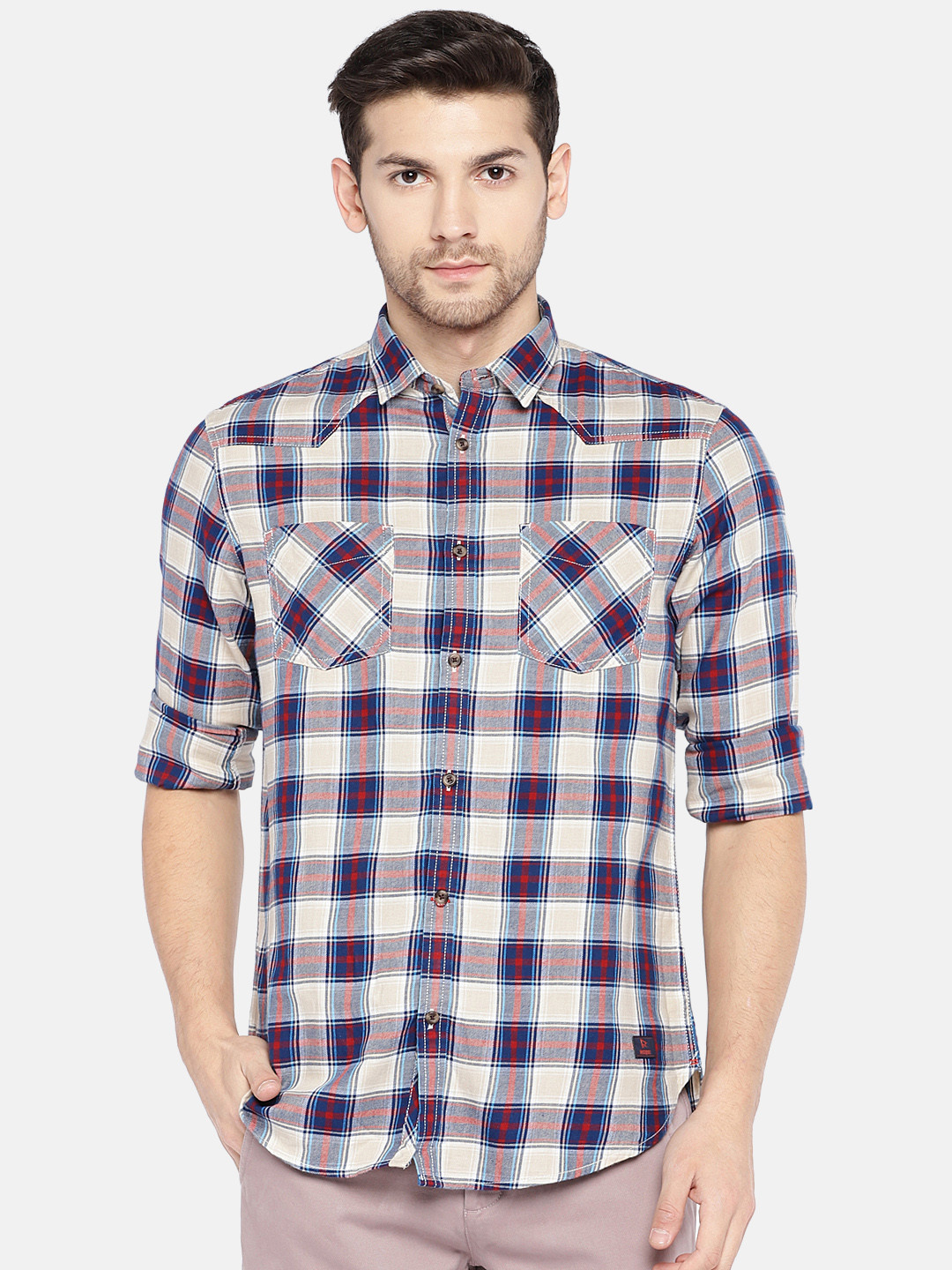 Buy RISQUE Men Grey & Beige Slim Fit Checked Casual Shirt - Shirts for ...