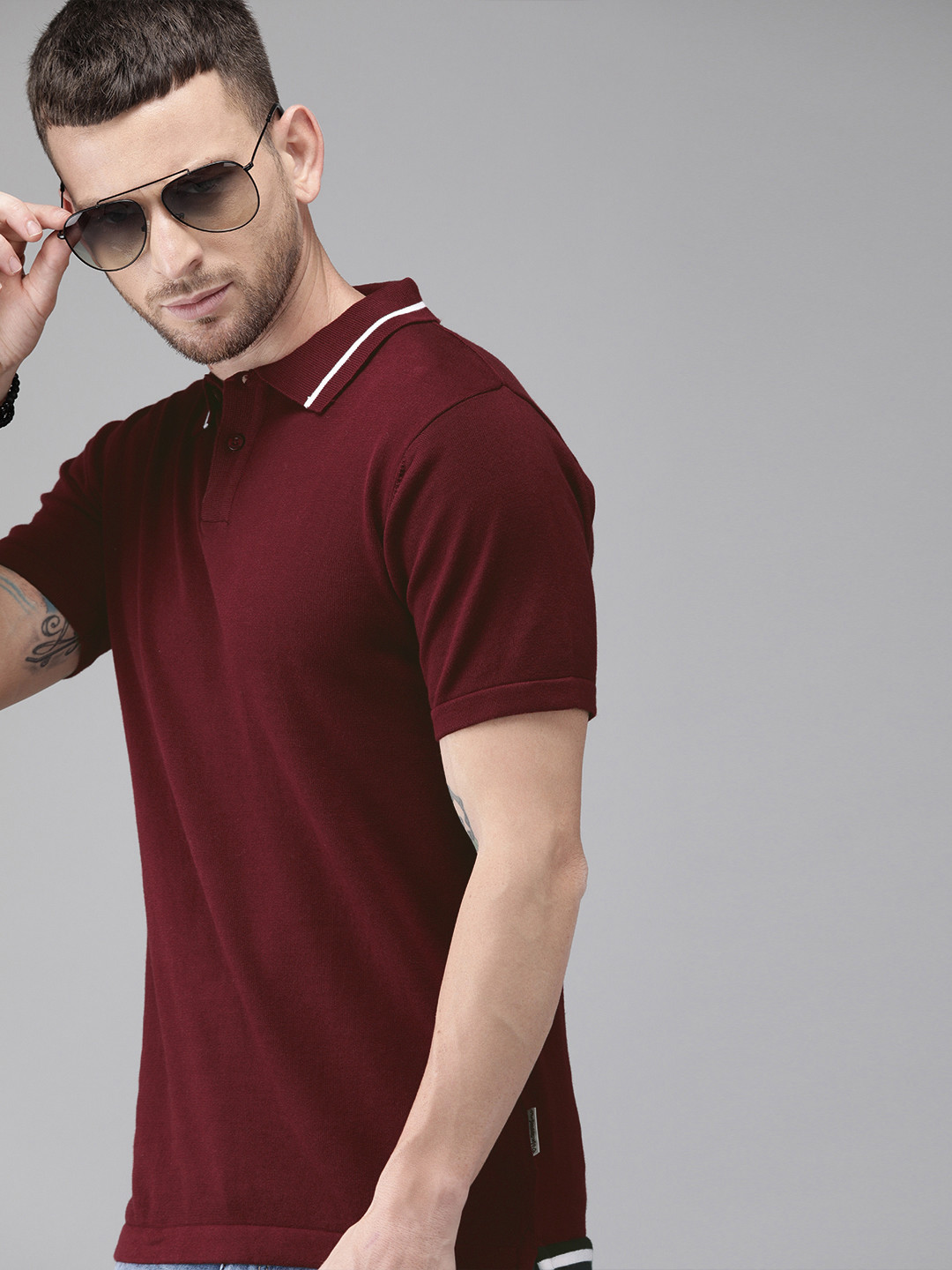 Buy Roadster Men Maroon Solid Polo Collar Pure Cotton T Shirt - Tshirts ...