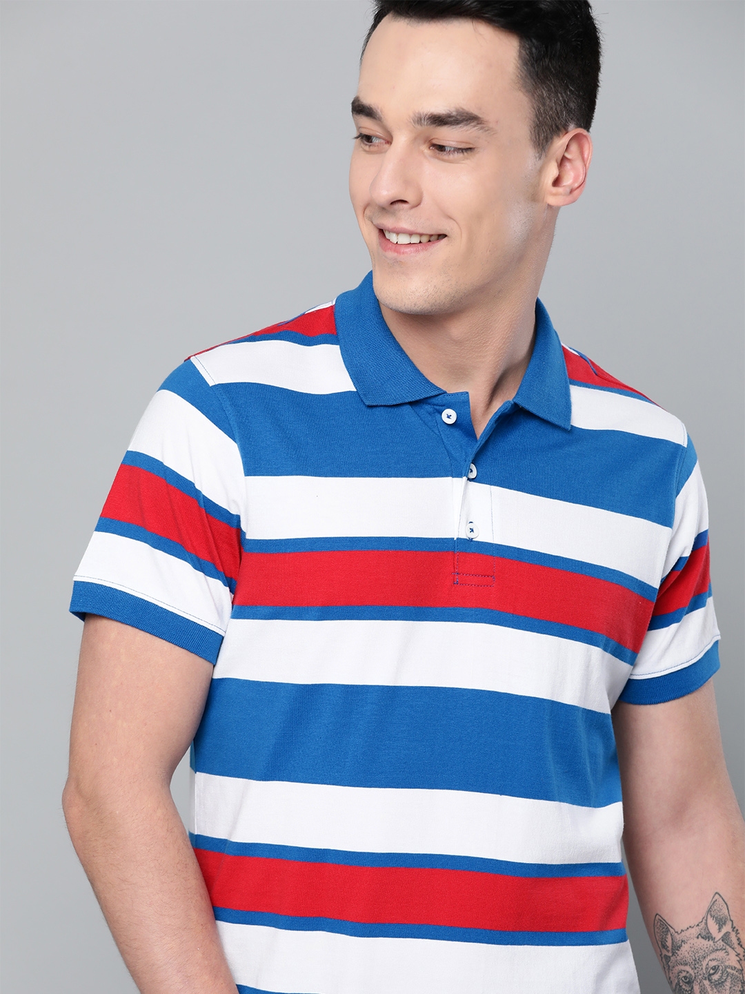 Buy Mast Harbour Men White Blue Striped Polo Collar Pure Cotton T Shirt